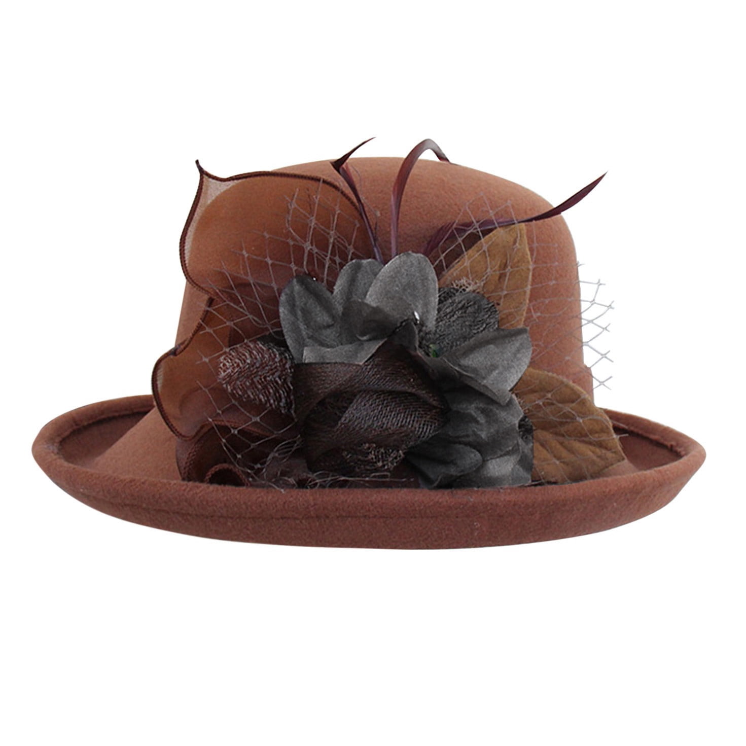 Women's Round Top Winter Wool Hat, Elegant Bowler Cloche with 3D Flower ...