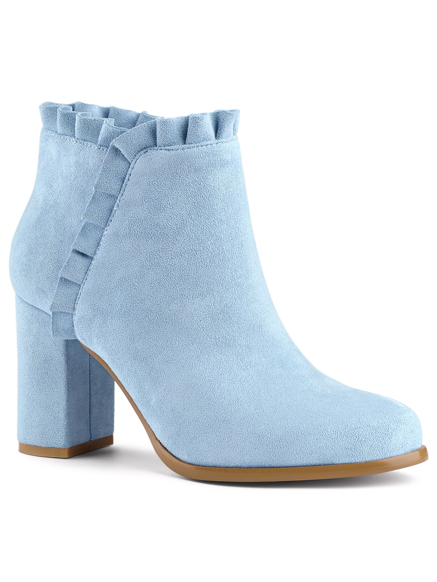 BLISSFUL STEP Women's Ankle Boots Pointed Toe Zip-Up Block Heel Sky ...
