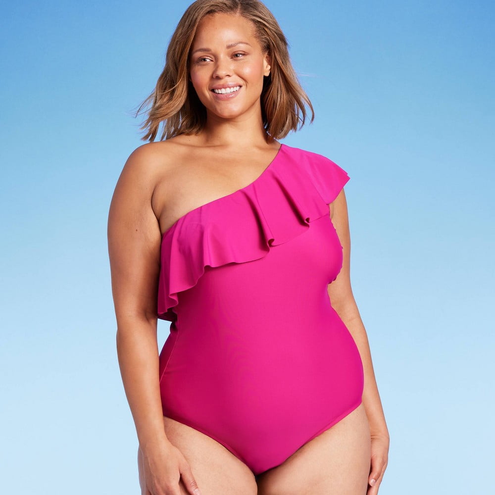 Womens Ruffle One Shoulder High Coverage One Piece Swimsuit Kona Sol