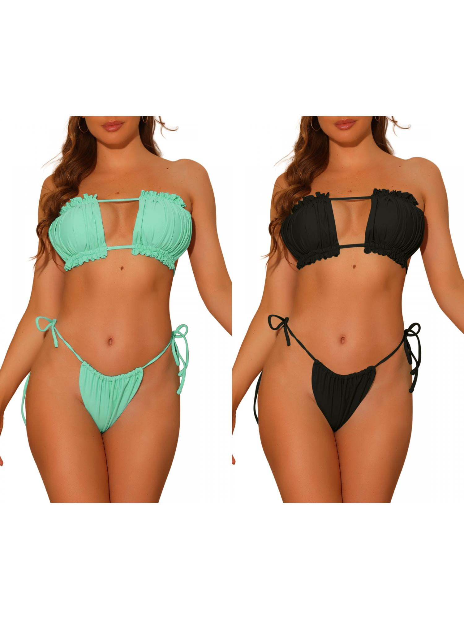 Women's Ruffle Pleated Push Up Bikini Combination Sets, 2 Piece High Cut Tie Side String Bikini ...