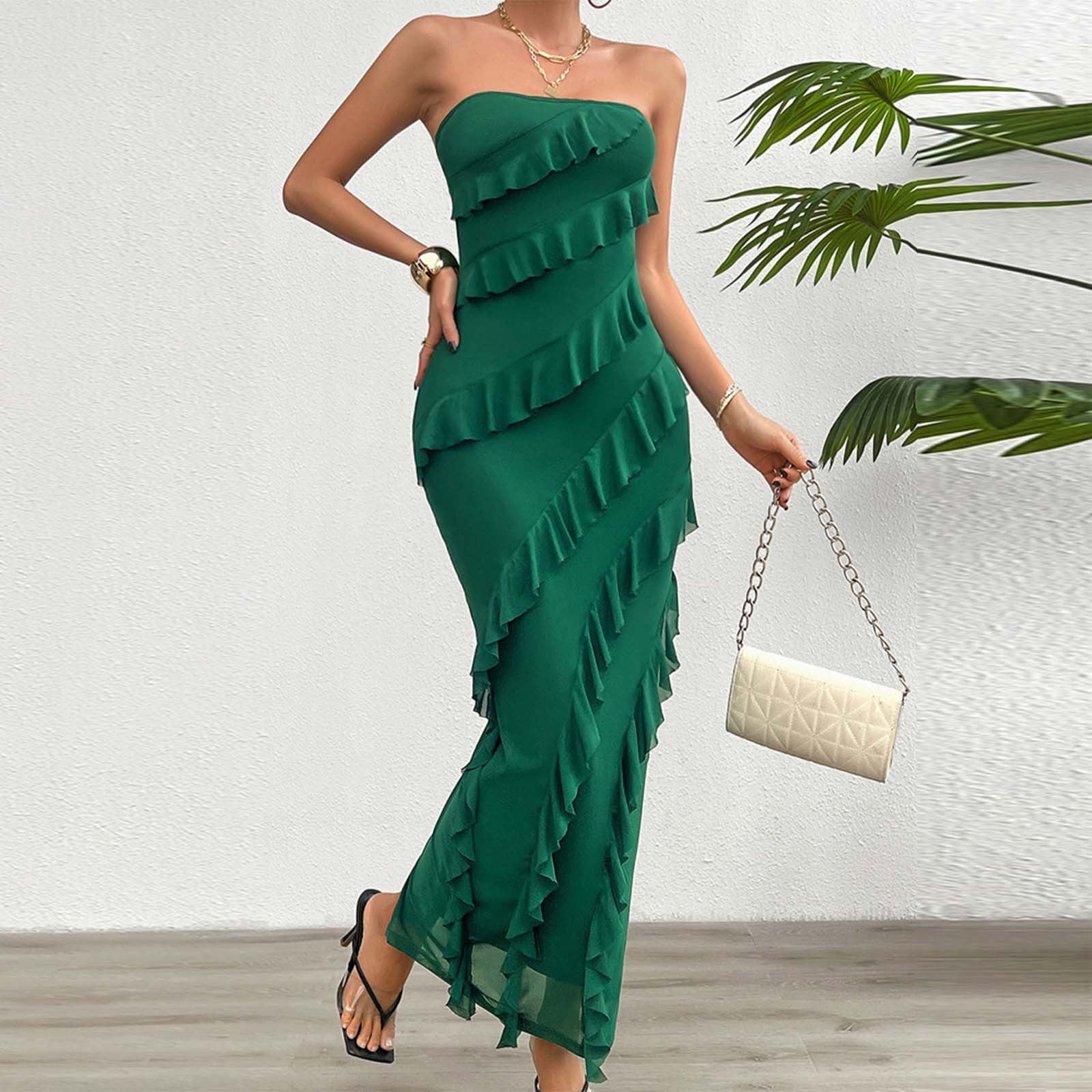 Women's Ruffle Strapless Slim Fit Long Maxi Dress Solid Color Elegant ...