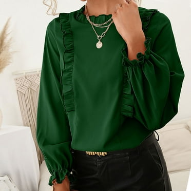 Celmia Women Small Stand Collar Laminated Ruffle Trumpet Sleeve Shirt ...