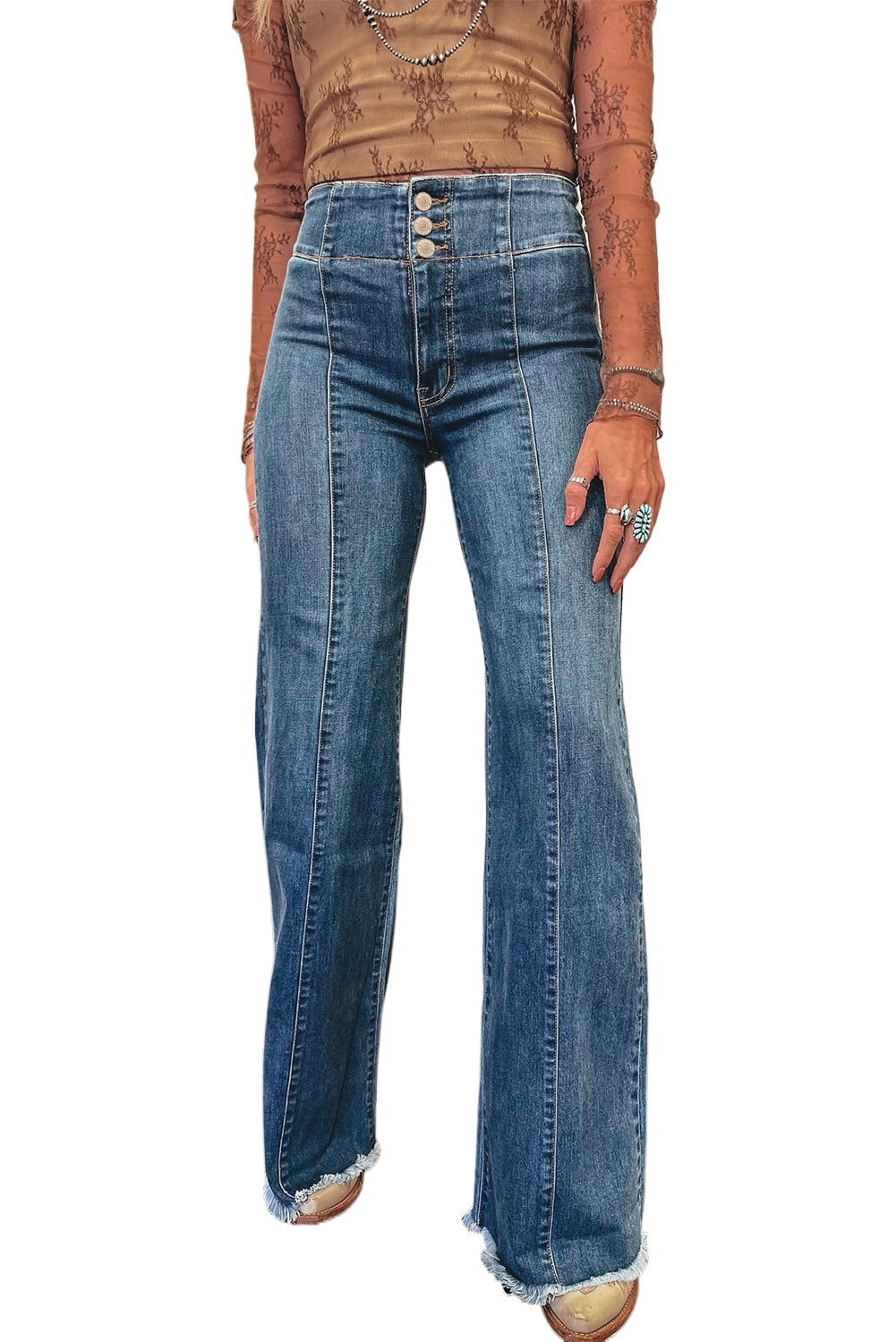 Women's Sail Blue High Waist Button Fly Flare Jeans with Raw Hem ...