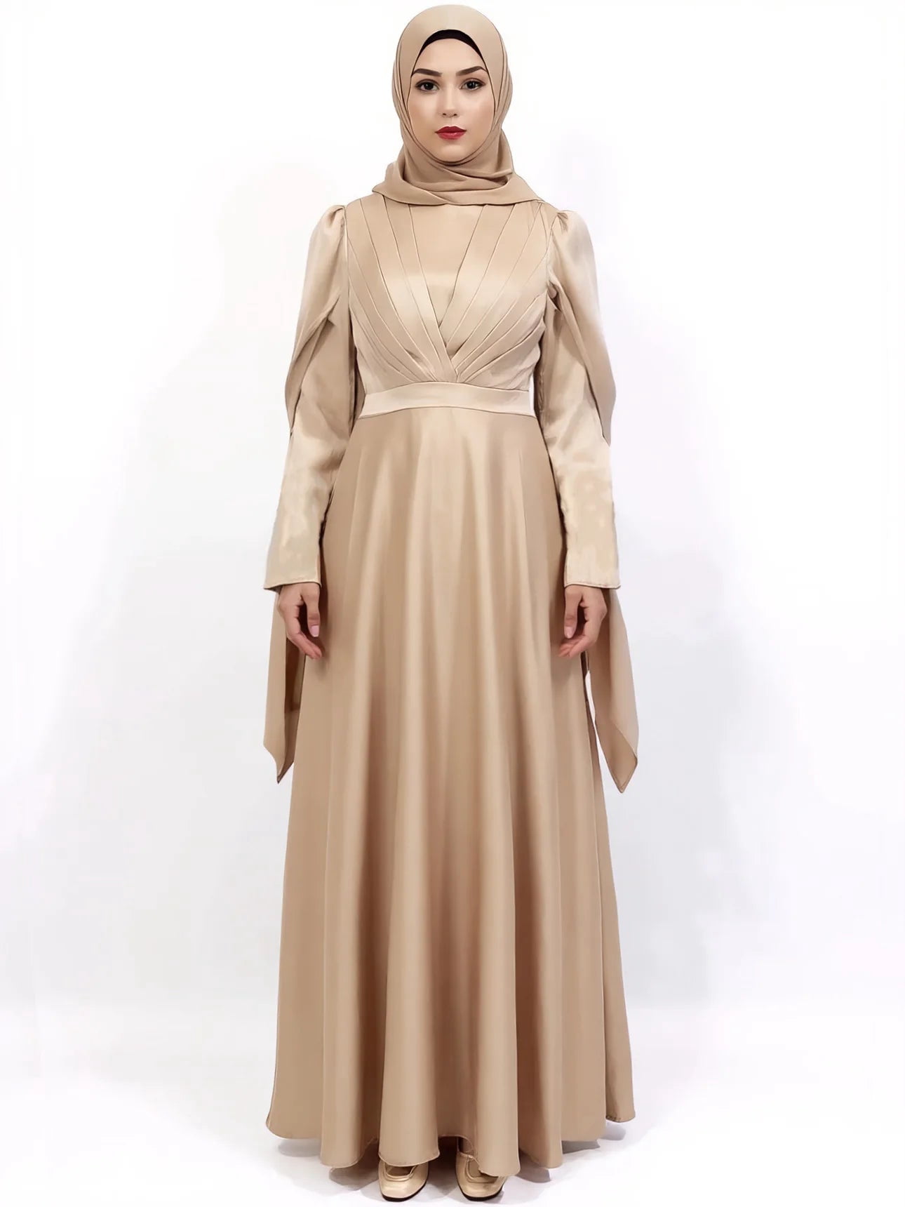 Women’s Satin Abaya Maxi Dress, Cape Sleeves, Pleated Bodice, Round ...
