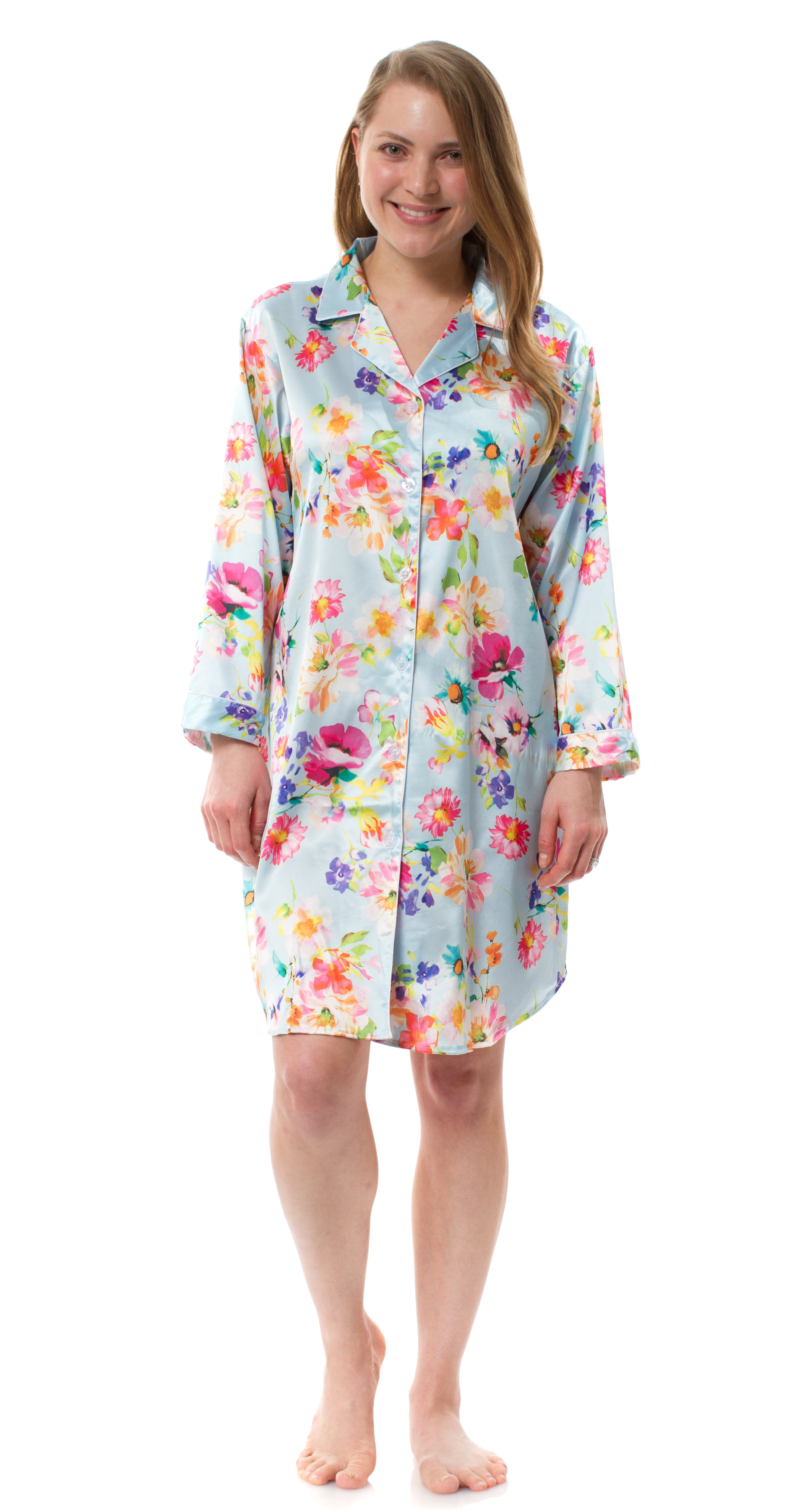 Women's Satin Button Robe Nightshirt, Floral Satin Nightshirt - Walmart.com