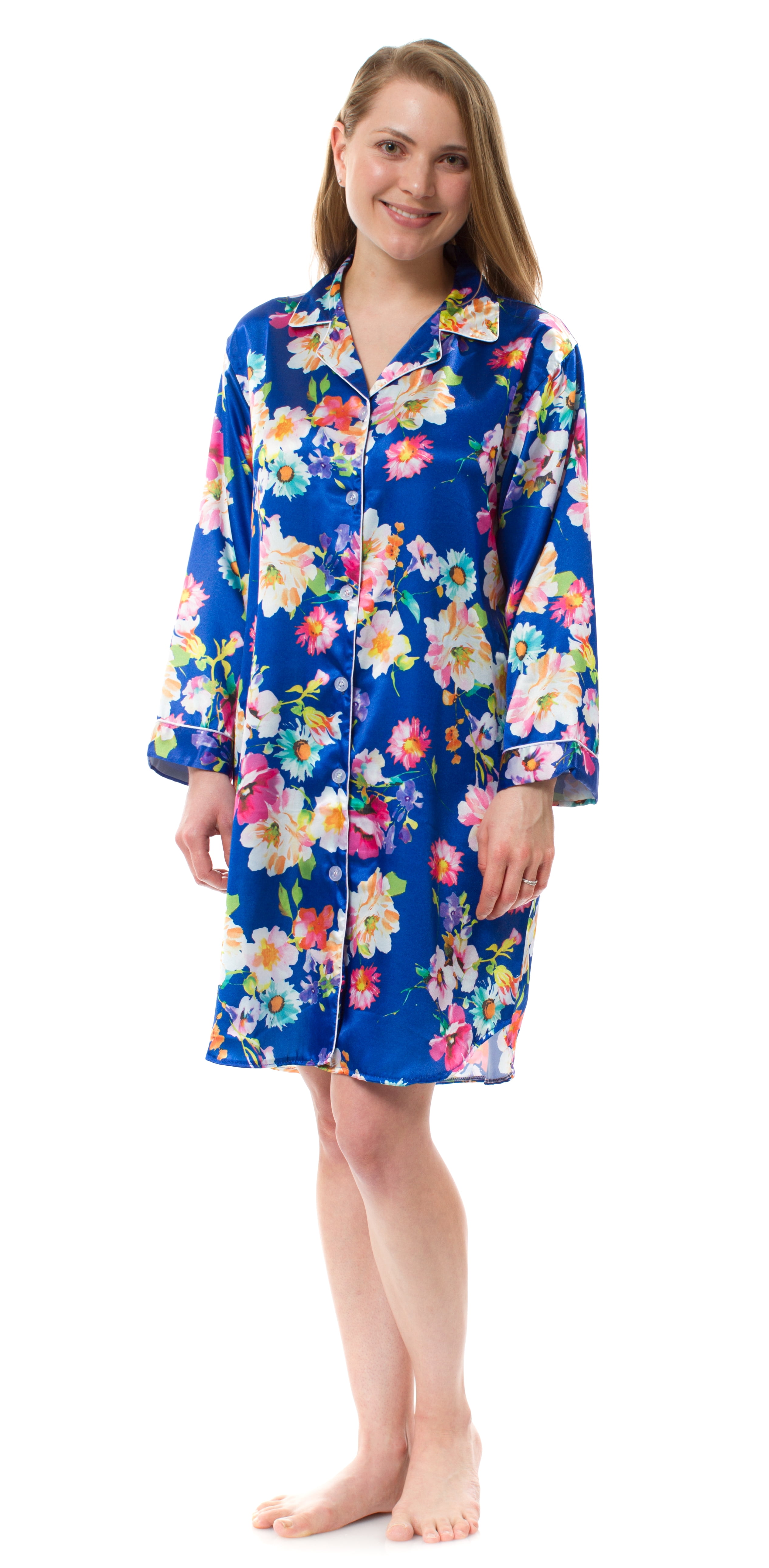Women's Satin Button Robe Nightshirt, Floral Satin Nightshirt - Walmart.com