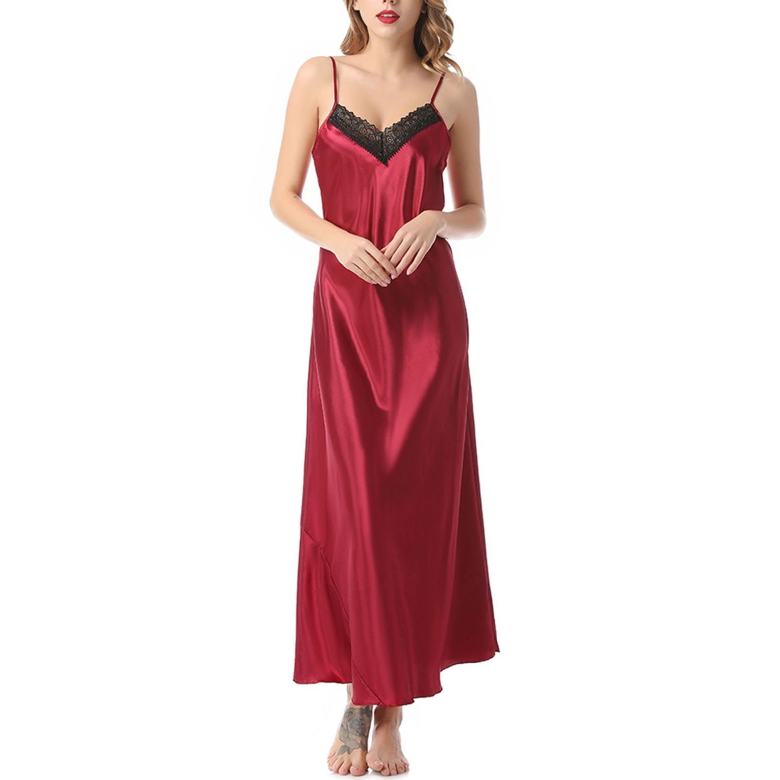 Women's Satin Chemise Nightgown Slip Dresses Silky Lace V-Neck Spring ...