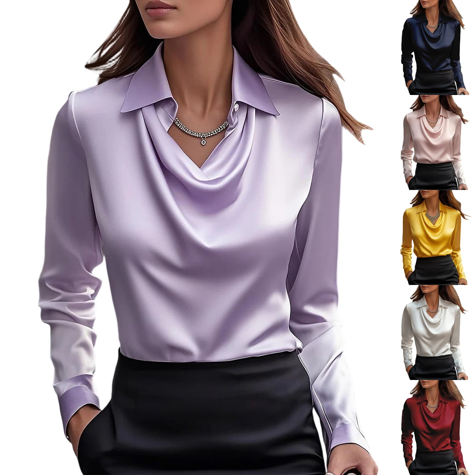 Women's Satin Cowl Neck Long Sleeve Blouse Elegant Silky Formal Office ...