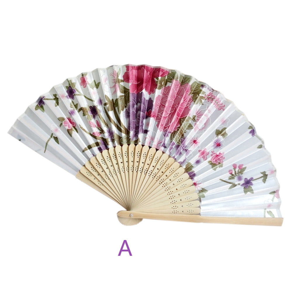 Women's Satin Fan Vintage Bamboo Folding Hand Held Flower Fan Chinese ...