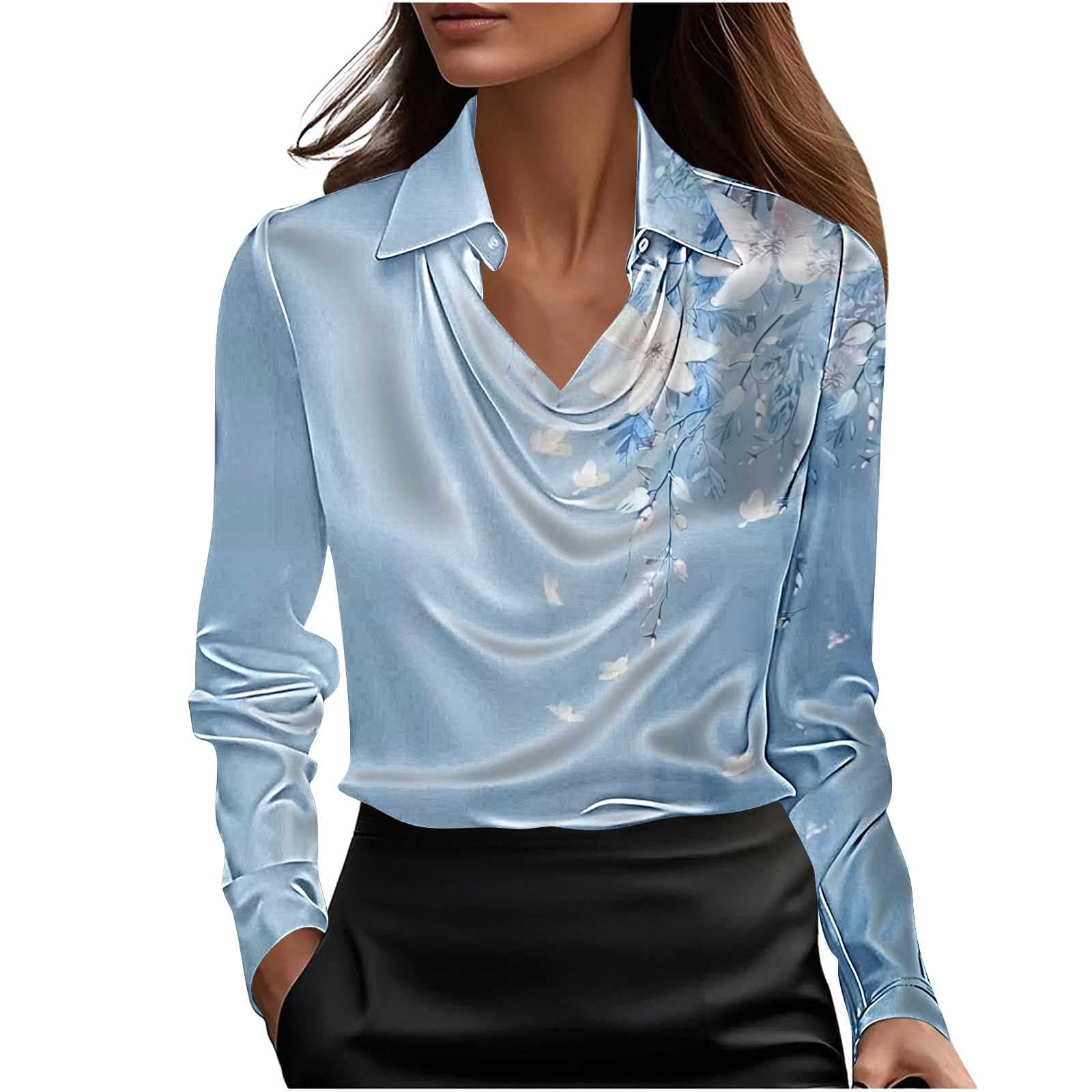 Women's Satin Floral Shirt Cowl Neck Long Sleeve Dressy Shirt Elegant ...
