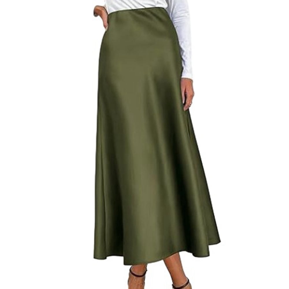 Womens Satin High Waisted Maxi Skirts Hidden Elasticized Waistband A