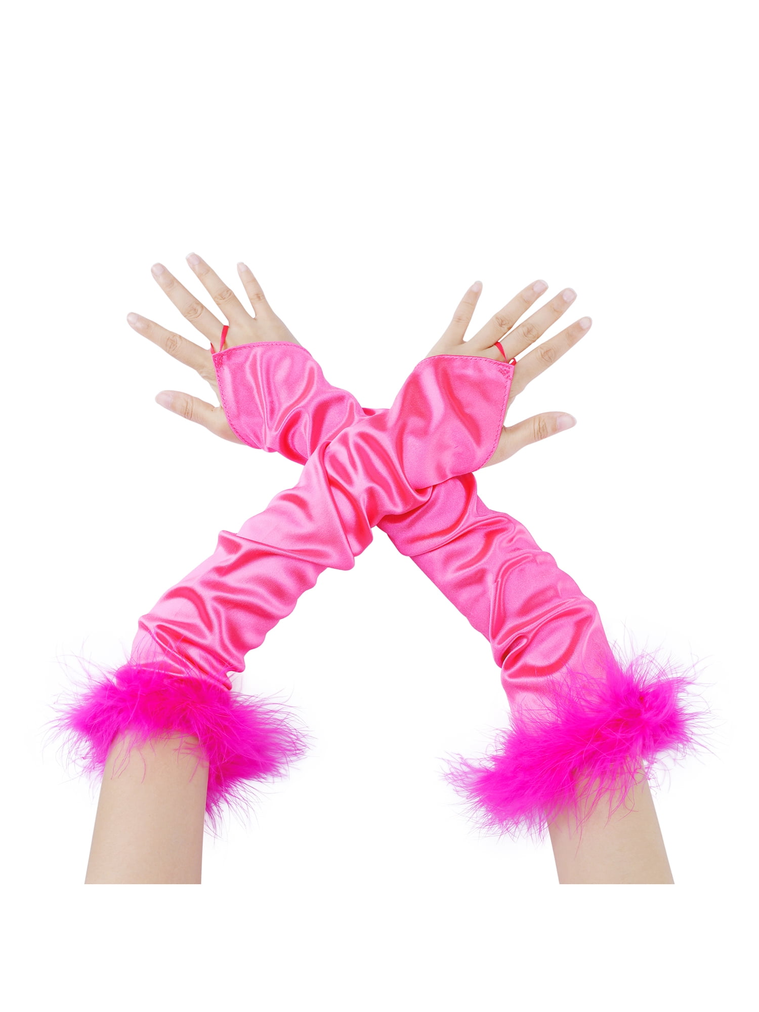 Women's Satin Hooked Finger Gloves Feather Cuffs Fingerness Costplay ...