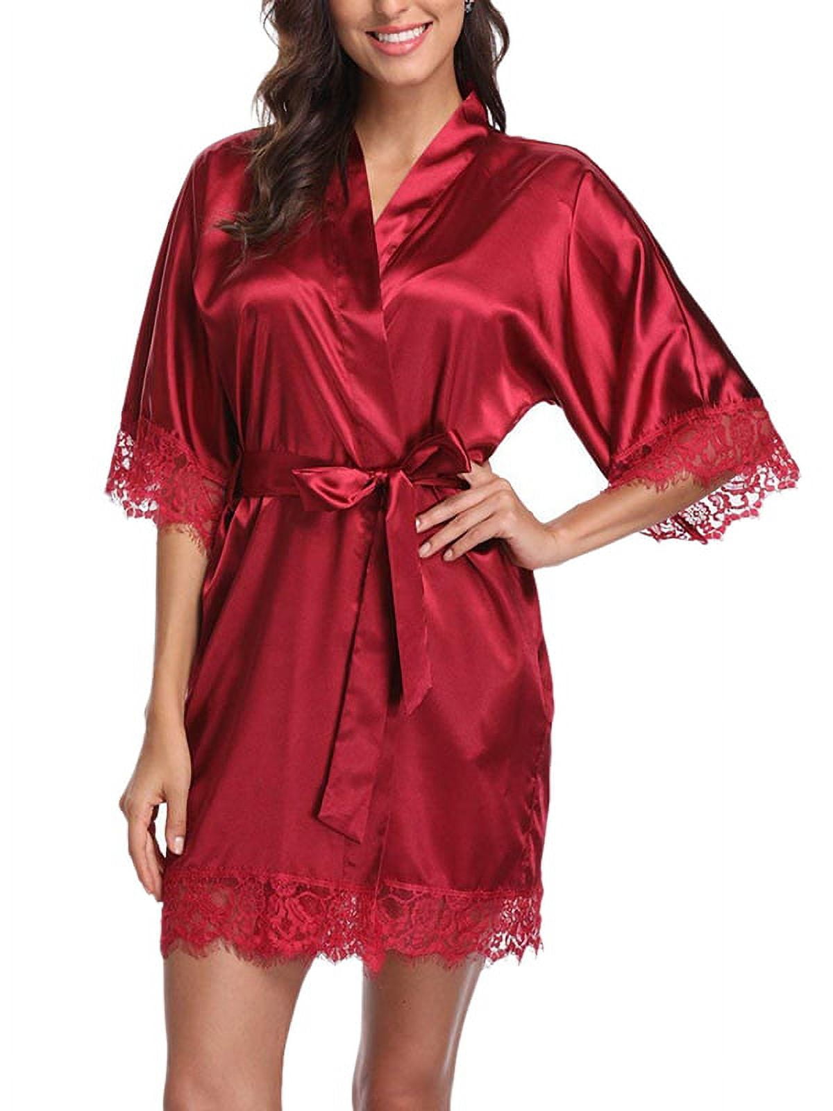 Women's Satin Lace Trim Short Wrap Robe Short Sleeves Sleepwear ...