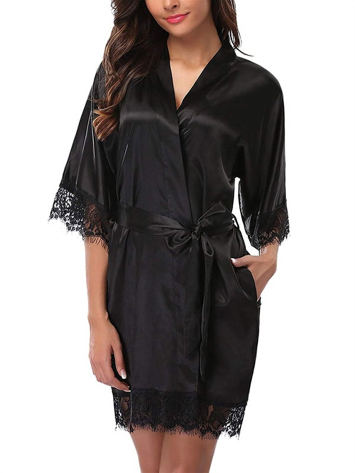 Women's Satin Lace Trim Short Wrap Robe Short Sleeves Sleepwear ...