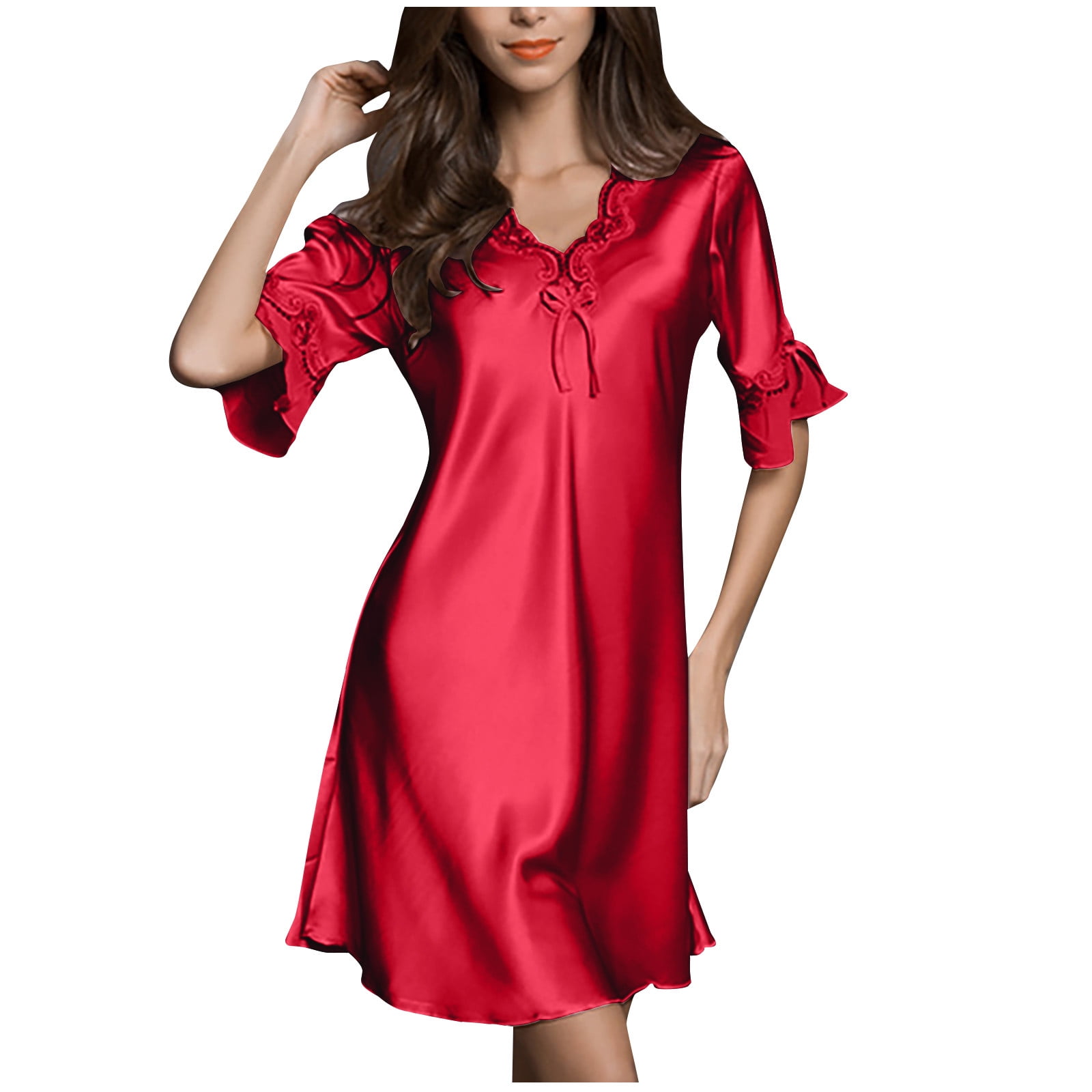Women's Satin Nightgown Spring Summer Luxury Soft Lace Short Sleeve V ...