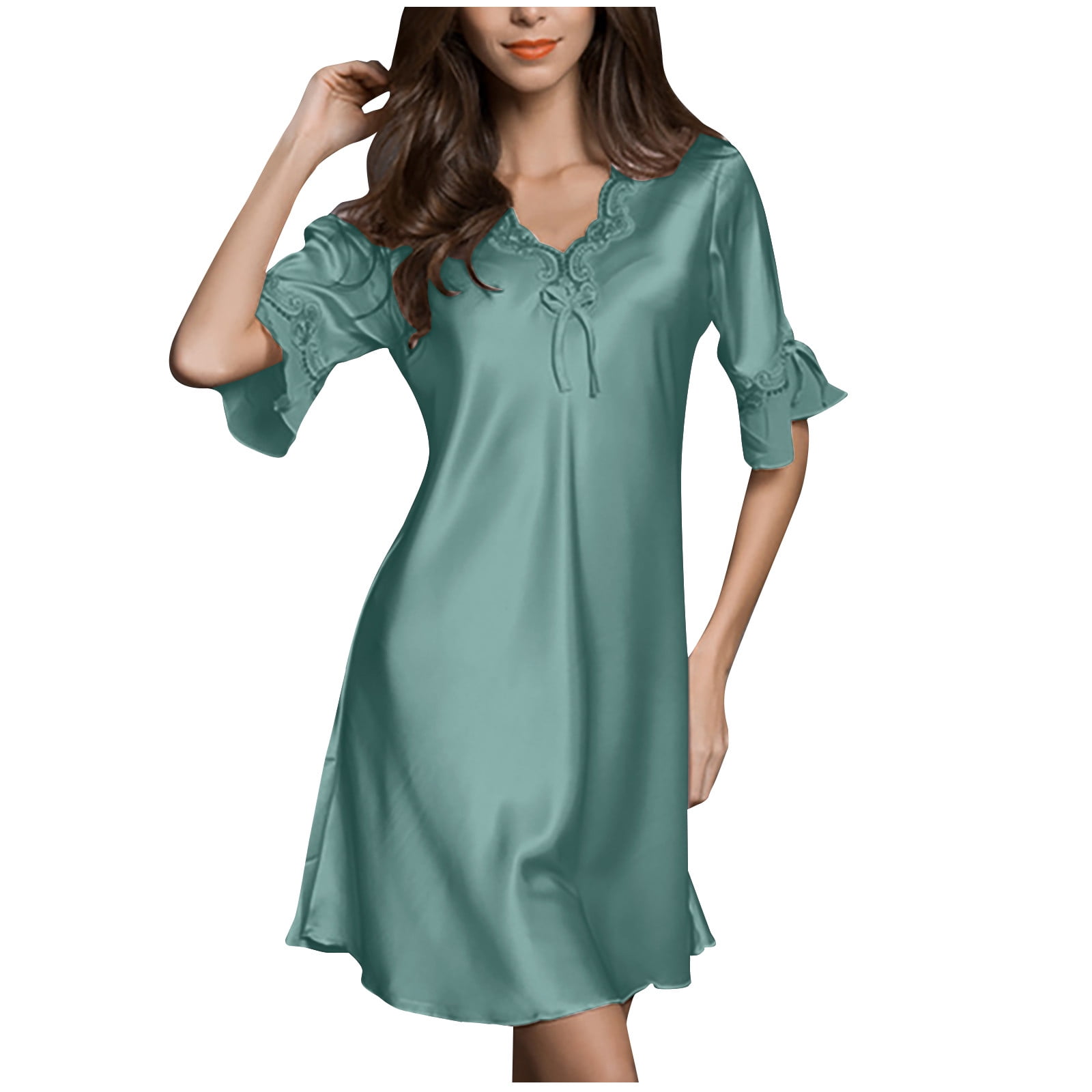 Women's Satin Nightgown Spring Summer Luxury Soft Lace Short Sleeve V ...