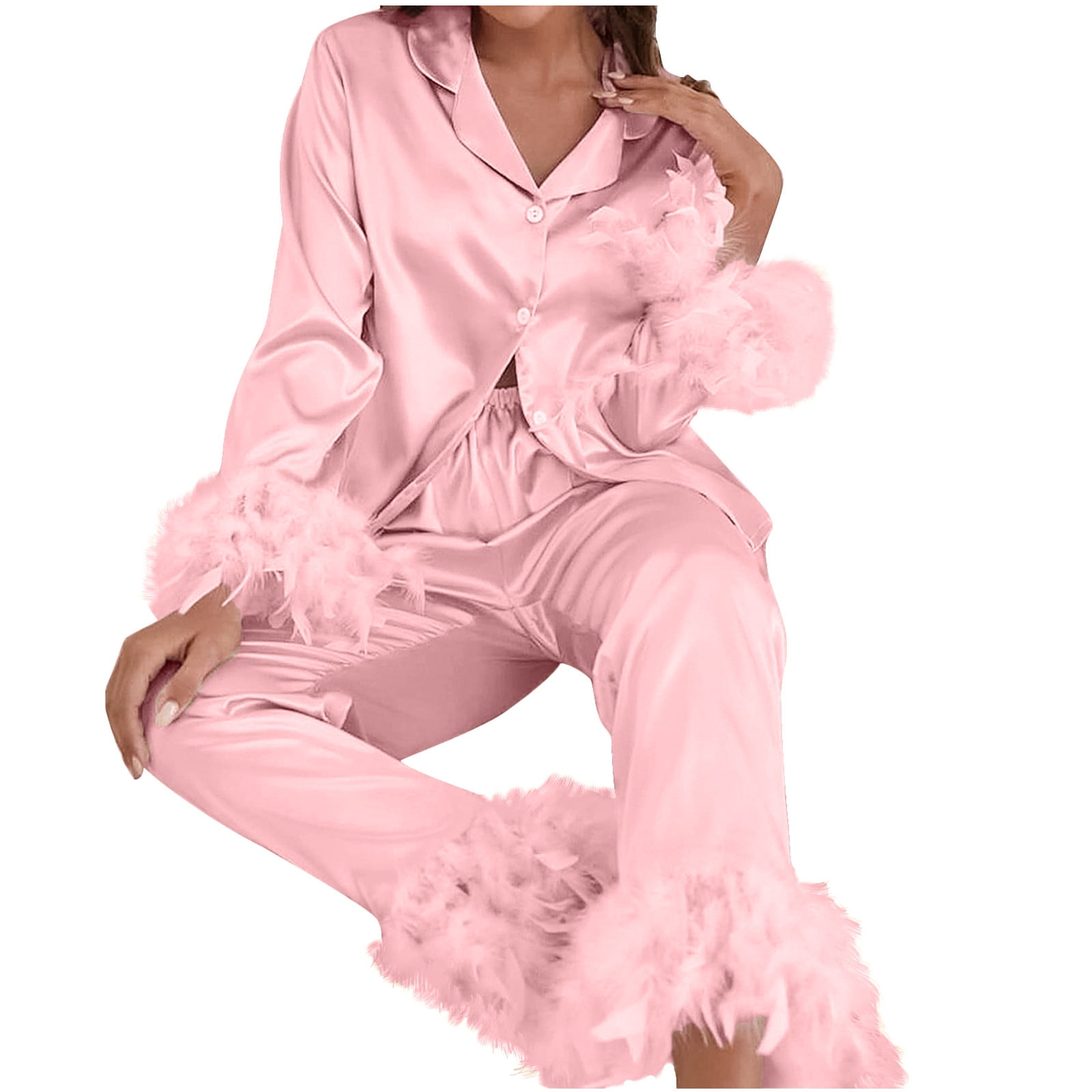 Women's Satin Nightwear Set Sexy Pyjamas with Detachable Feather Fall ...