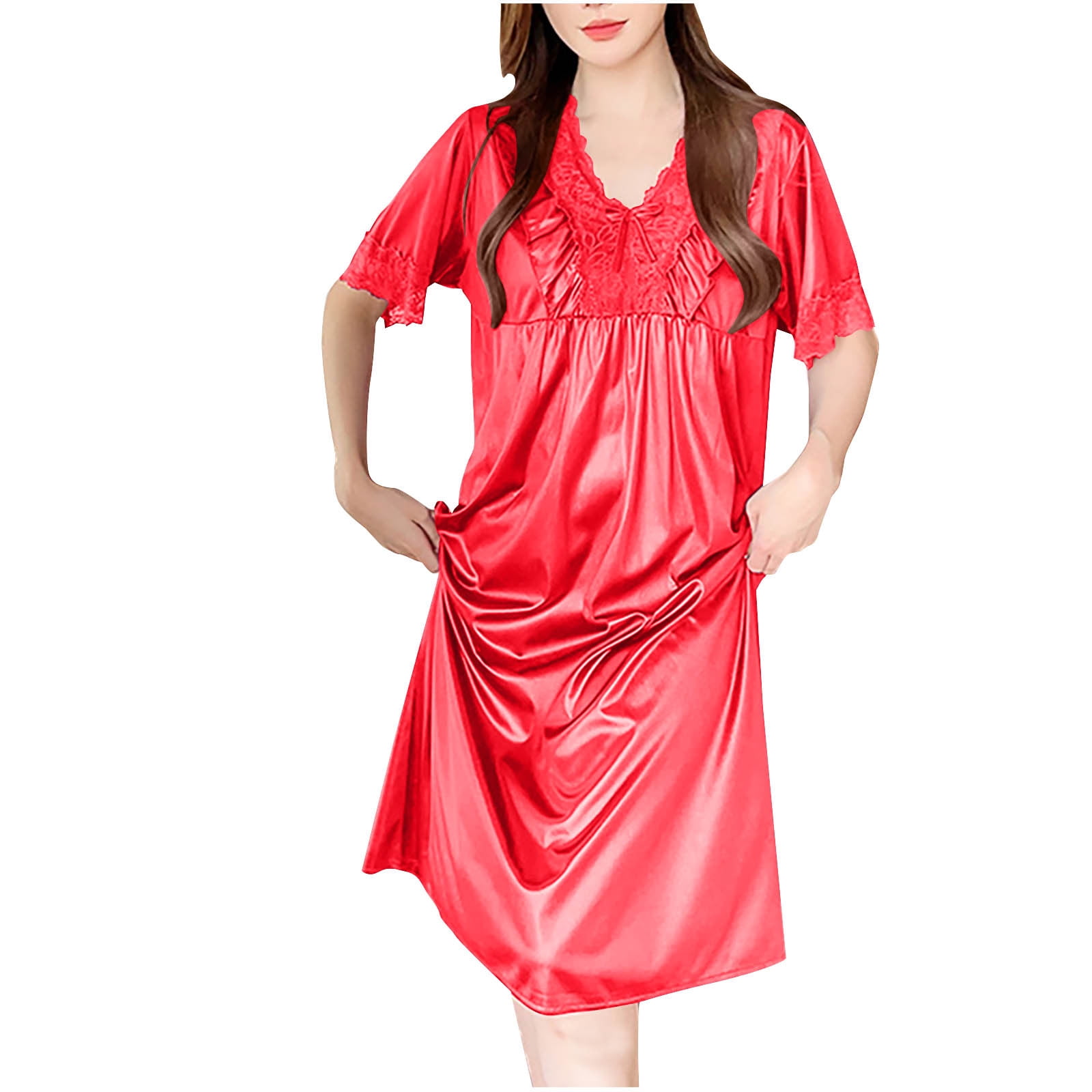Women's Satin Pajama Dress Silk Lace V Neck Short Sleeve Nightgown Soft ...