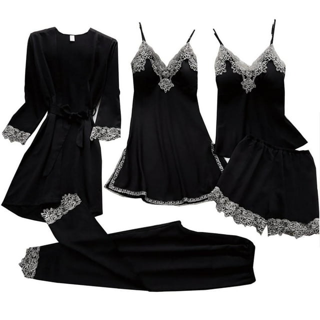 Womens Satin Pajama Set 5pcs Sexy Sleepwear Silky Pajama Set Lace Cami