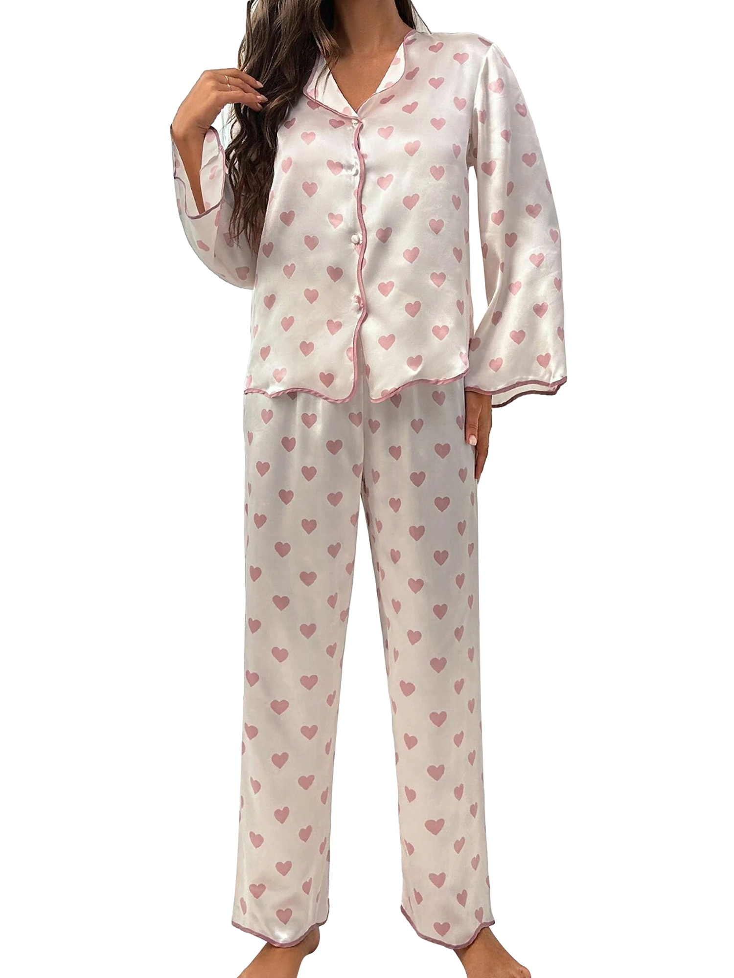 Shunvnny Women's Satin Pajama Set Lapel Neck Button Down Long Sleeve ...