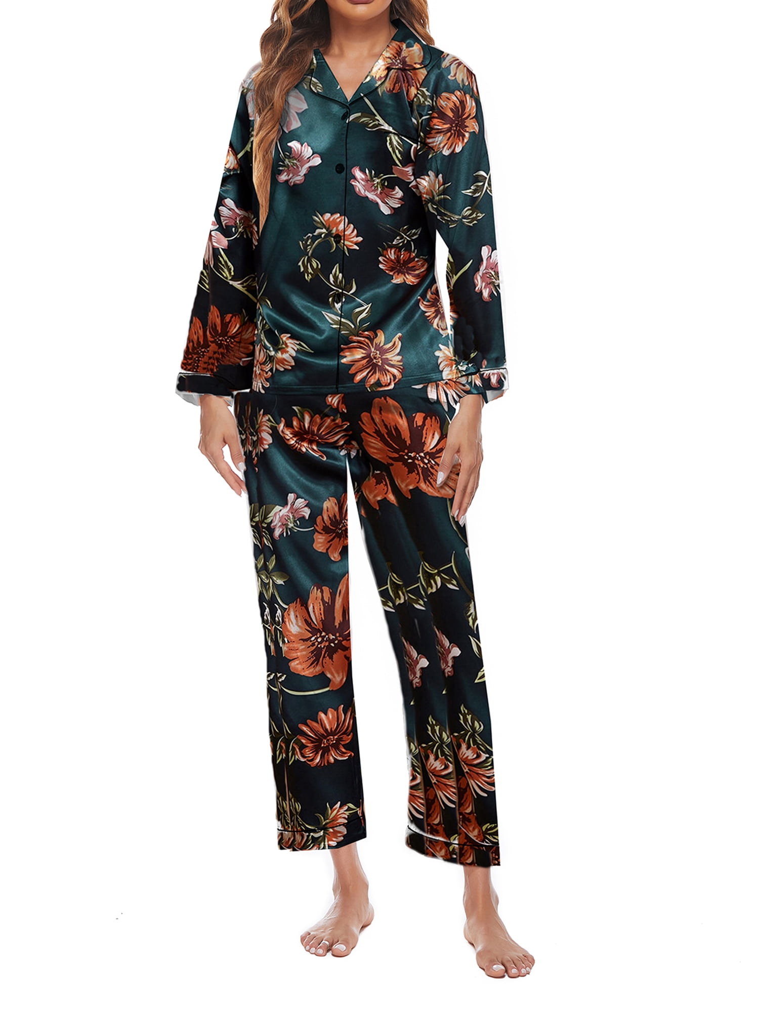 Shunvnny Women's Satin Pajama Set Lapel Neck Long Sleeve Button Down ...