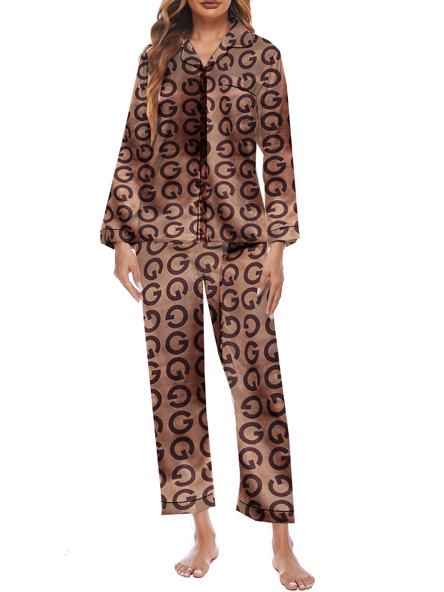 Shunvnny Women's Satin Pajama Set Lapel Neck Long Sleeve Button Down ...