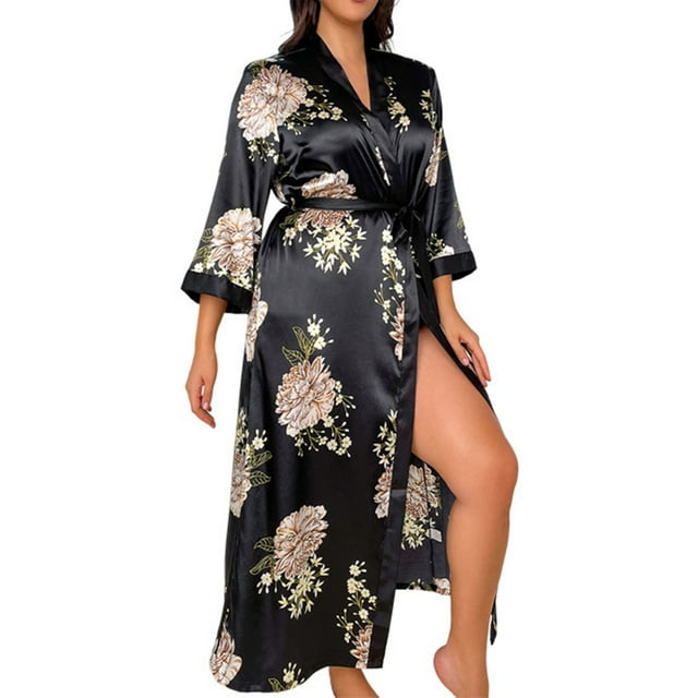 Women's Satin Robe Plus Size 3/4 Sleeve Ruffle Belted Kimono Bathrobe Valentines Lingerie ...