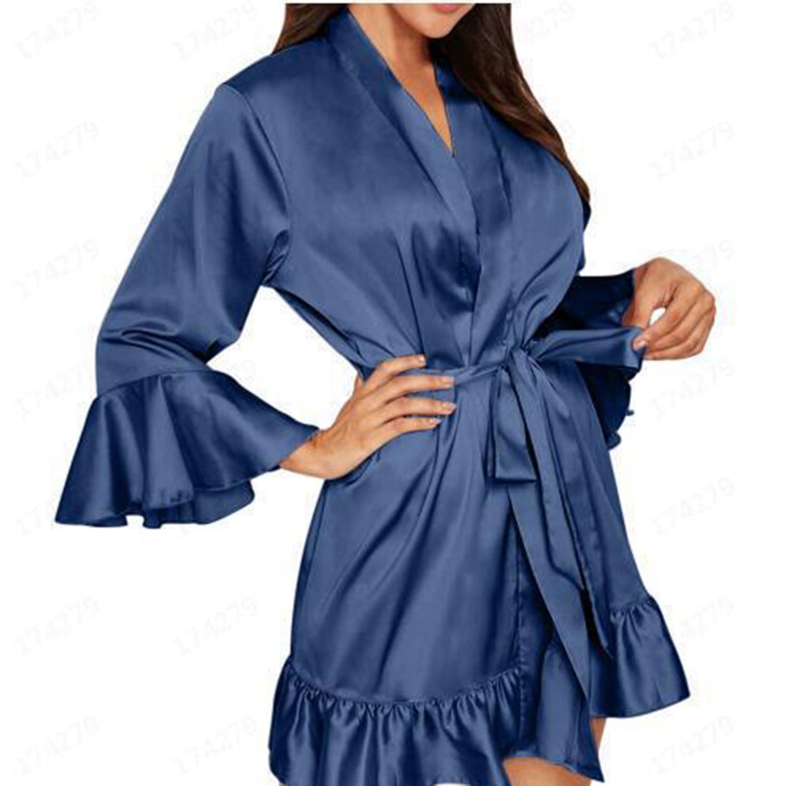 Women's Satin Robe - Ruffle Lingerie Kimono Bathrobe - Short Belted ...