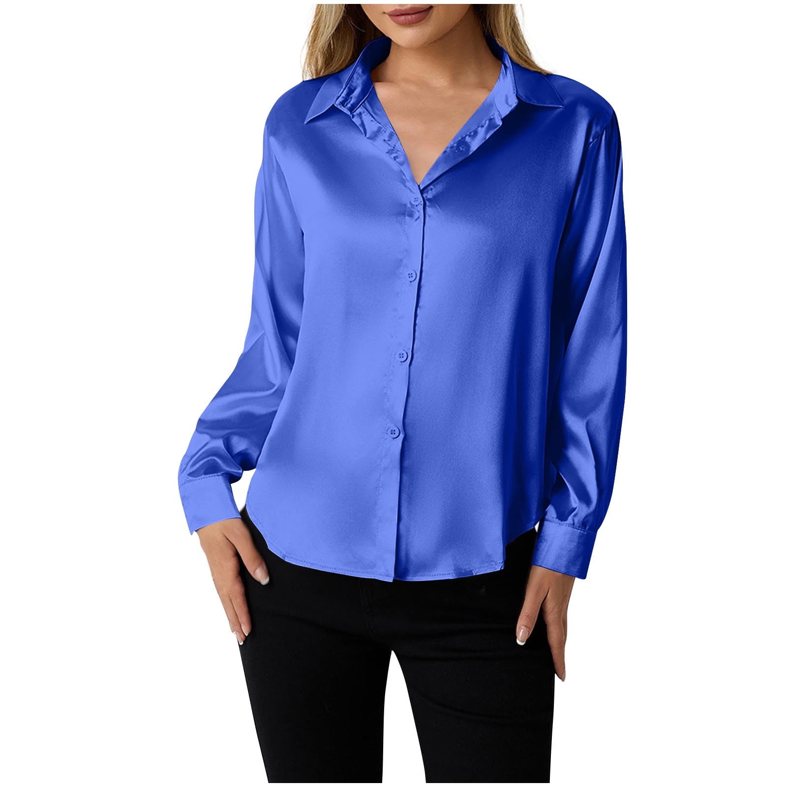 Women's Satin Shirts Dressy Office Work Tops Long Sleeve Button Down ...