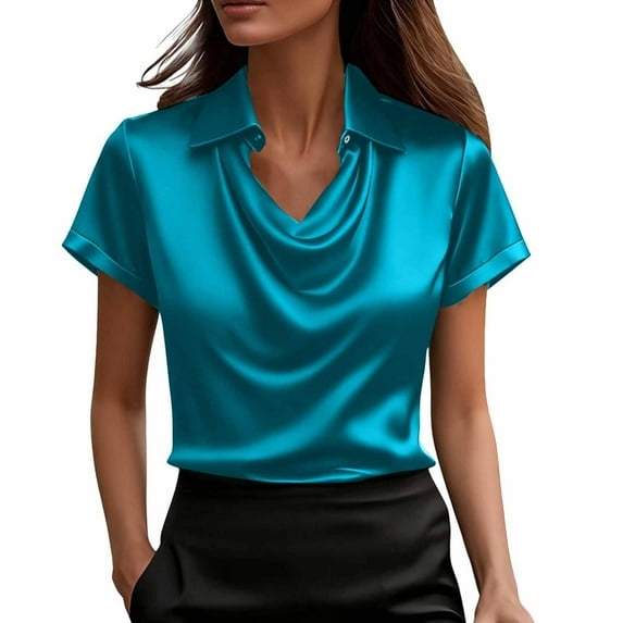 Women’s Satin Short Sleeve Tops Lapel Collar Dress Shirt Summer Comfy ...