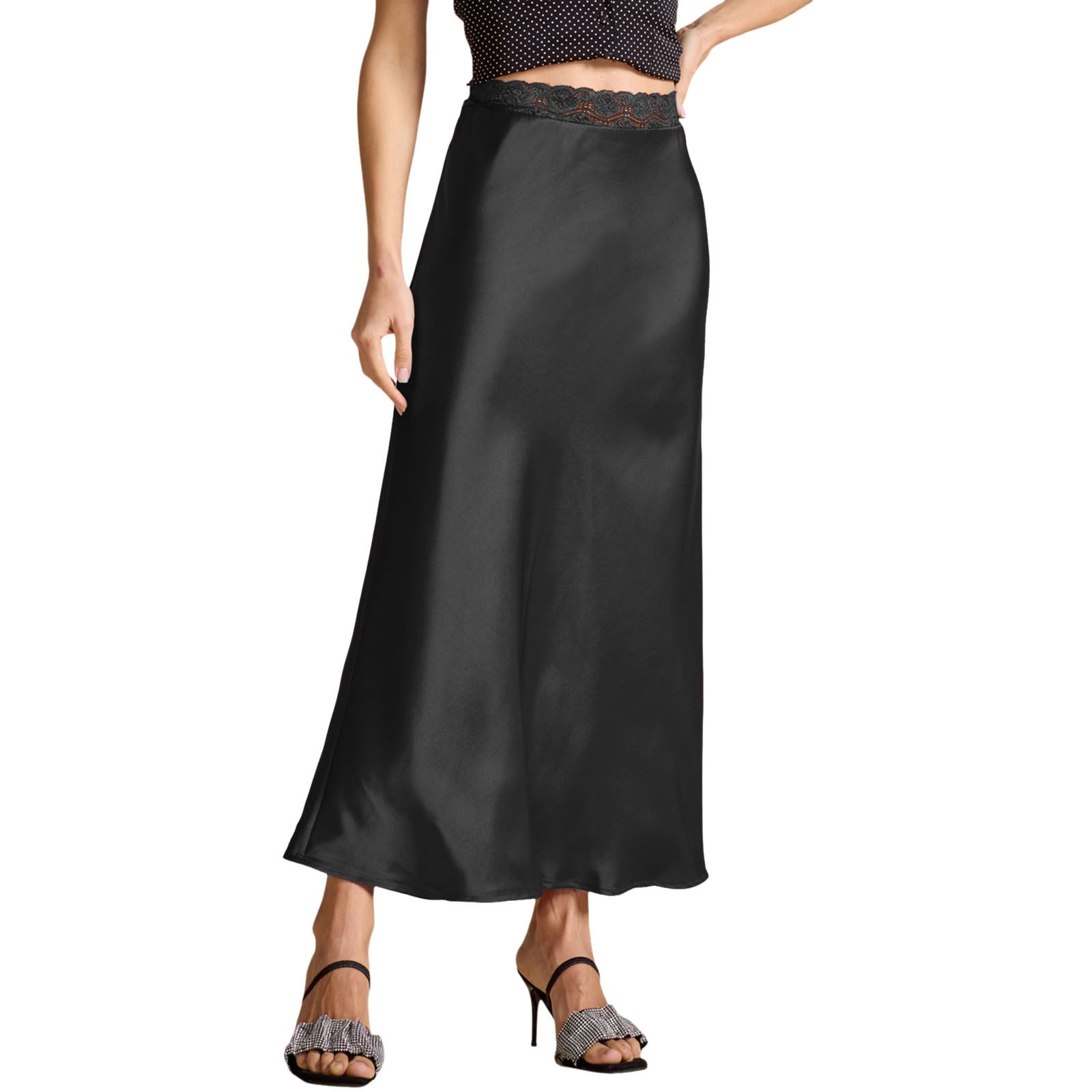 Women's Satin Silk Maxi Skirt High Waist Lace Trim - Elastic Waist Party Wedding Long Skirt, All ...