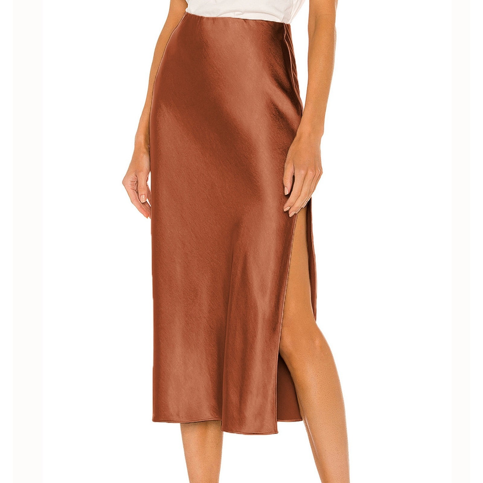 Women's Satin Skirt Elastic High Waisted Solid Color Slit MIDI Skirt ...