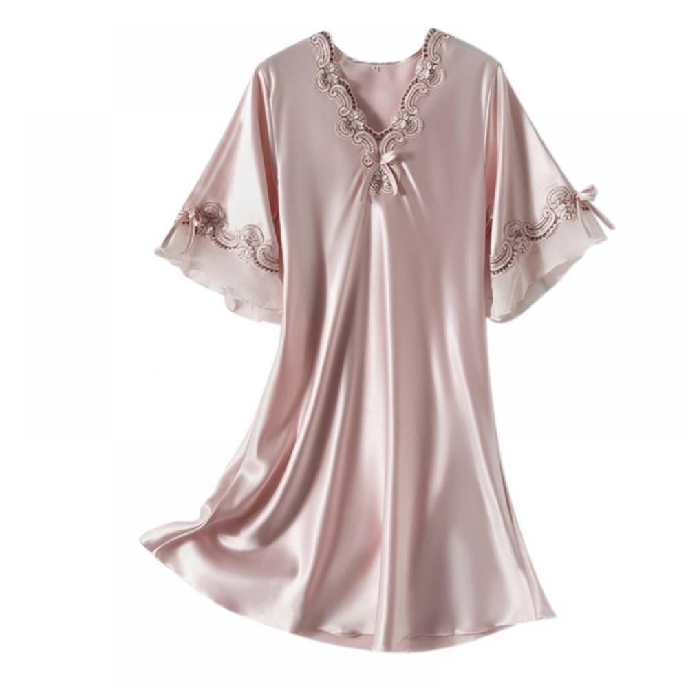 Women's Satin Sleep Dress Silk Summer Short Sleeve Nightgown Lace ...