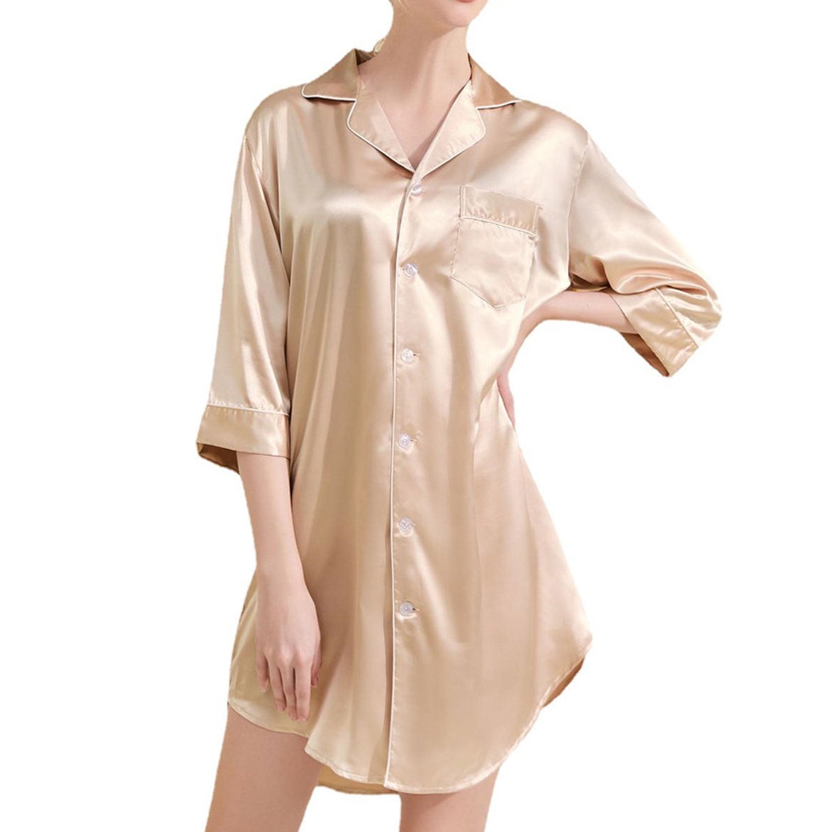 Women's Satin Sleep Shirt Button Down Sleepwear Lightweight Short ...