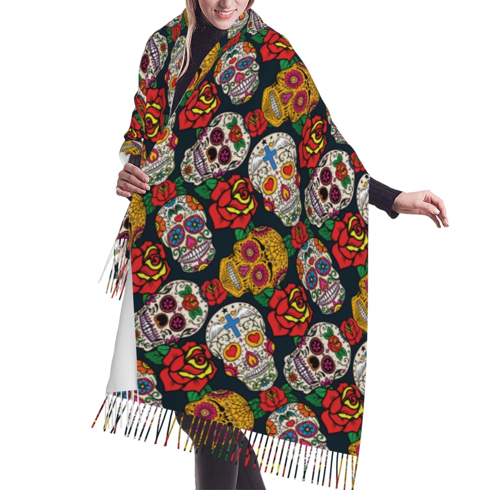 Women's Scarf Mexican Sugar Skull With Rose Soft Warm Winter Shawl Wrap ...