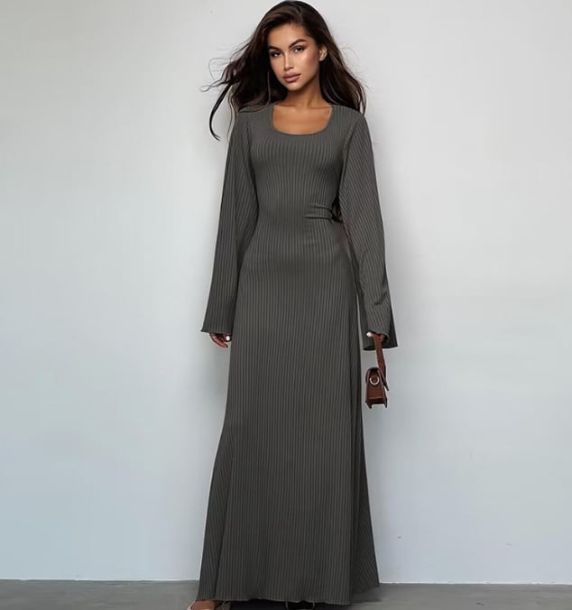 Women's Scoop Neck Lace Up Ribbed Maxi Dress Knit Flare Sleeve Bodycon ...