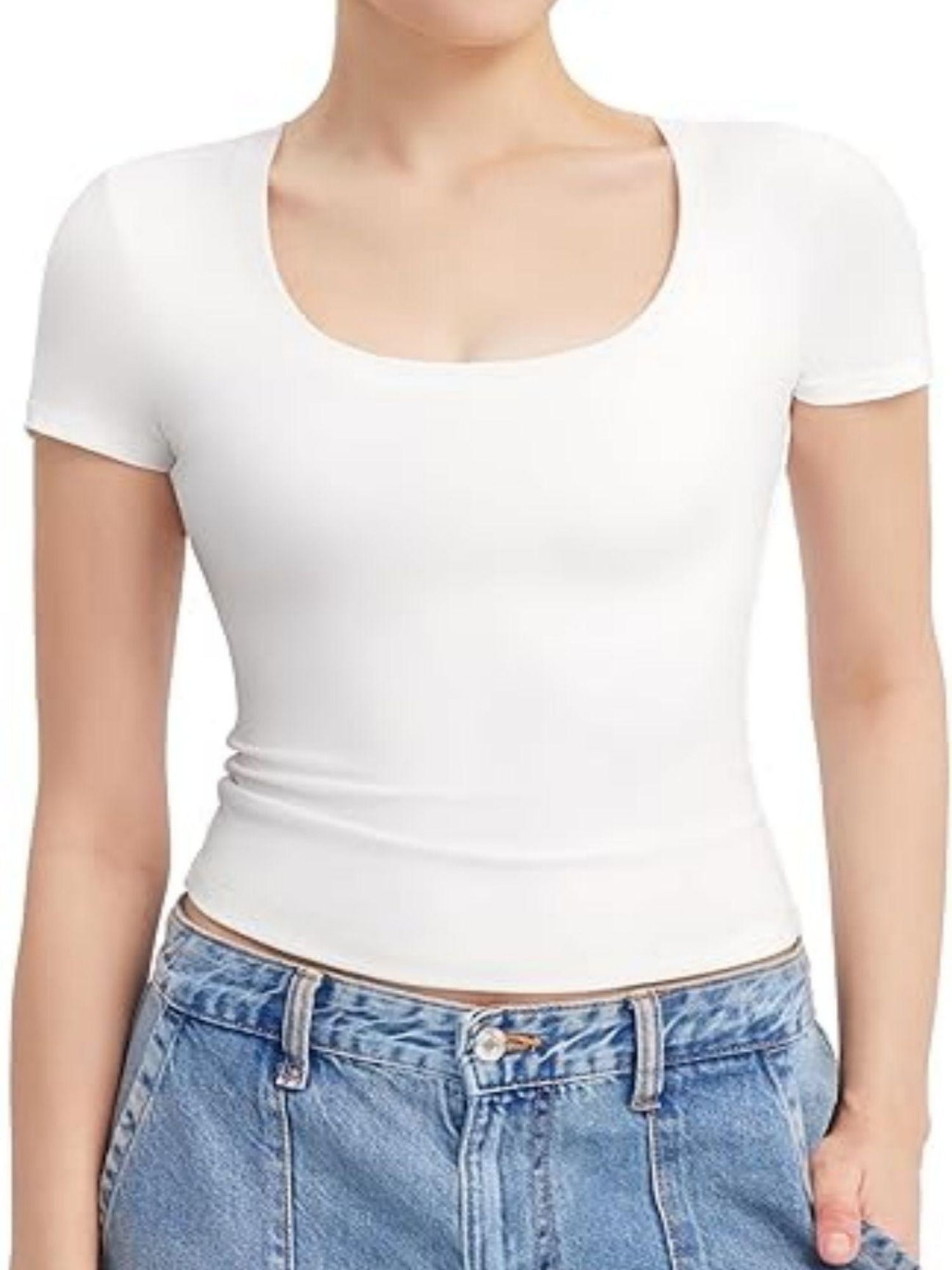 Women's Scoop Neck Short Sleeve T Shirt Slim Fit Sexy Tops - Walmart.com