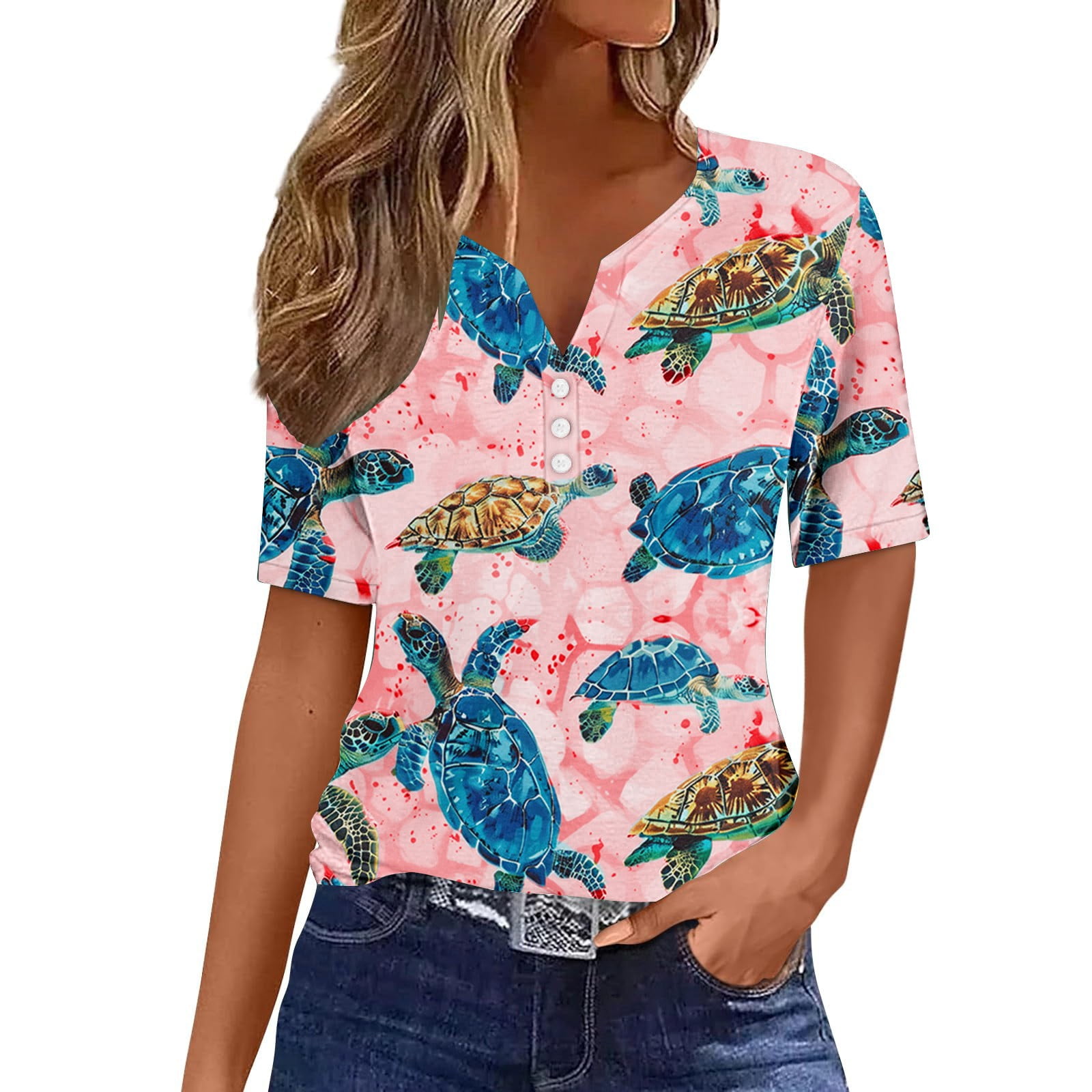 Women's Sea Turtle Print Tops V Neck Short Sleeve Blouse Casual Loose ...