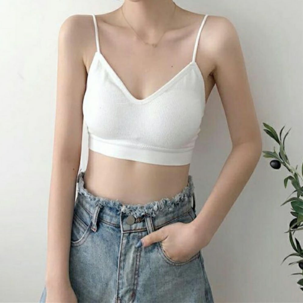 Women's Seamless Spaghetti Strap Crop Tank Top Stretch Cami Bandeau Bralette Sports Bras Workout ...