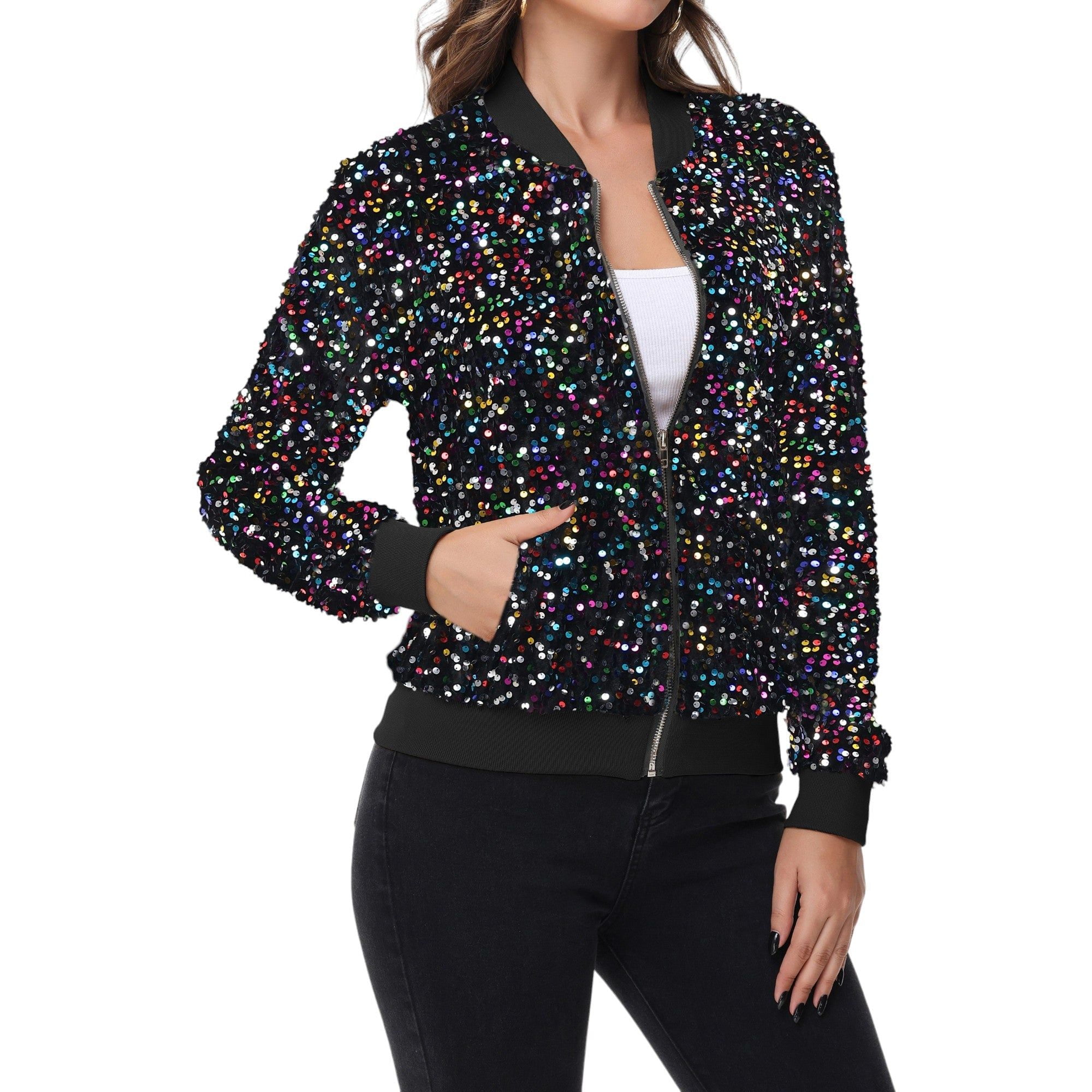 Women's Sequin Bomber Jacket Zip Front Ribbed Cuffs and Hem Pockets ...