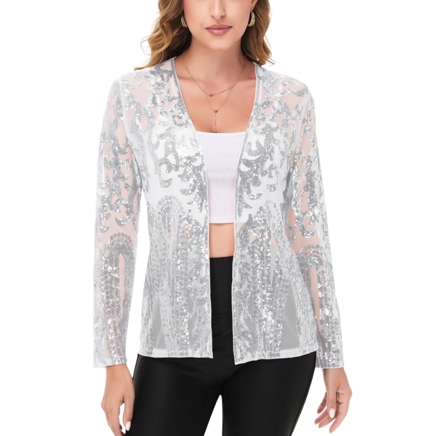 Women's Sequin Embellished Open-Front Cardigan with Sheer Mesh Long ...