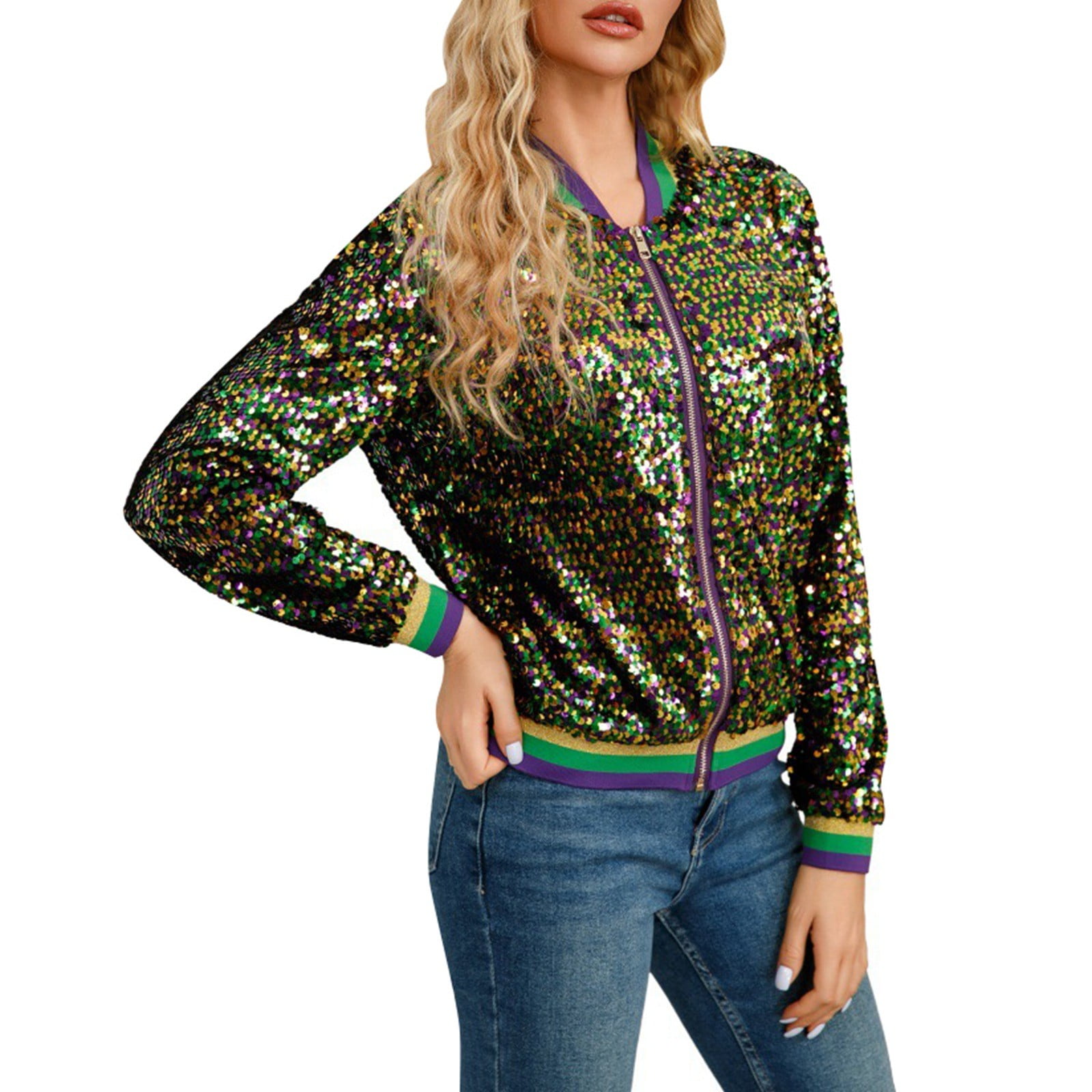 Women's Sequin Jacket Long Sleeve Zipper Fashion Shiny Glitter Sparkly ...