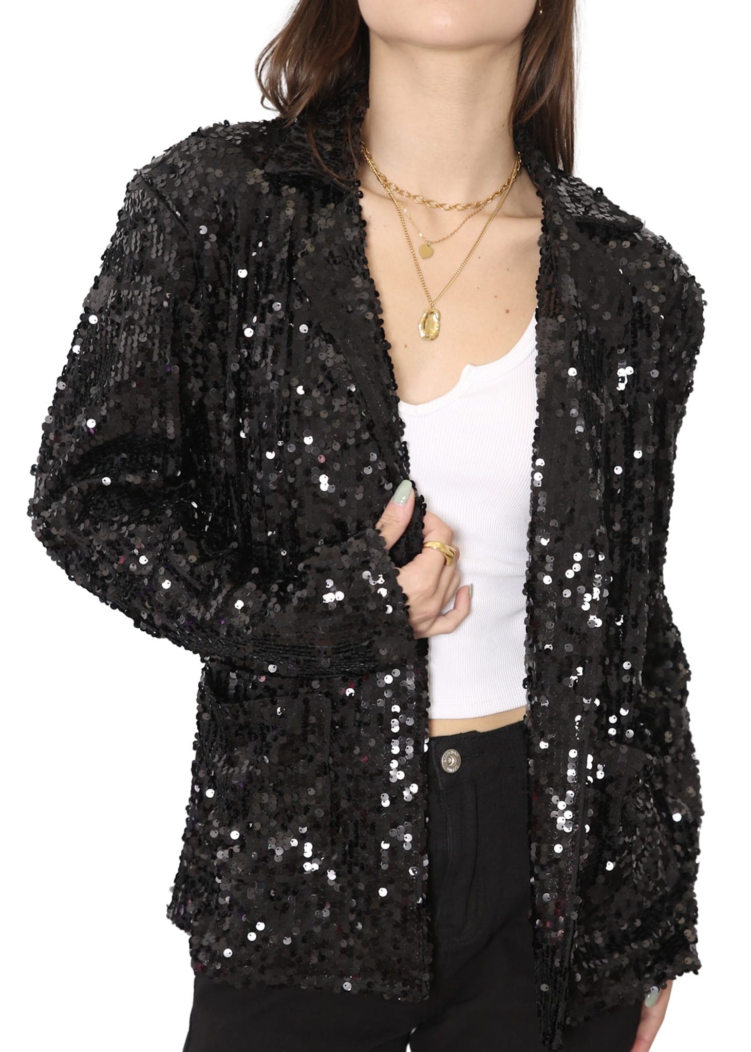 Women's Sequin Jackets Long Sleeve Open Front Glitter Sparkle Party Blazer Jacket，Black, Small ...