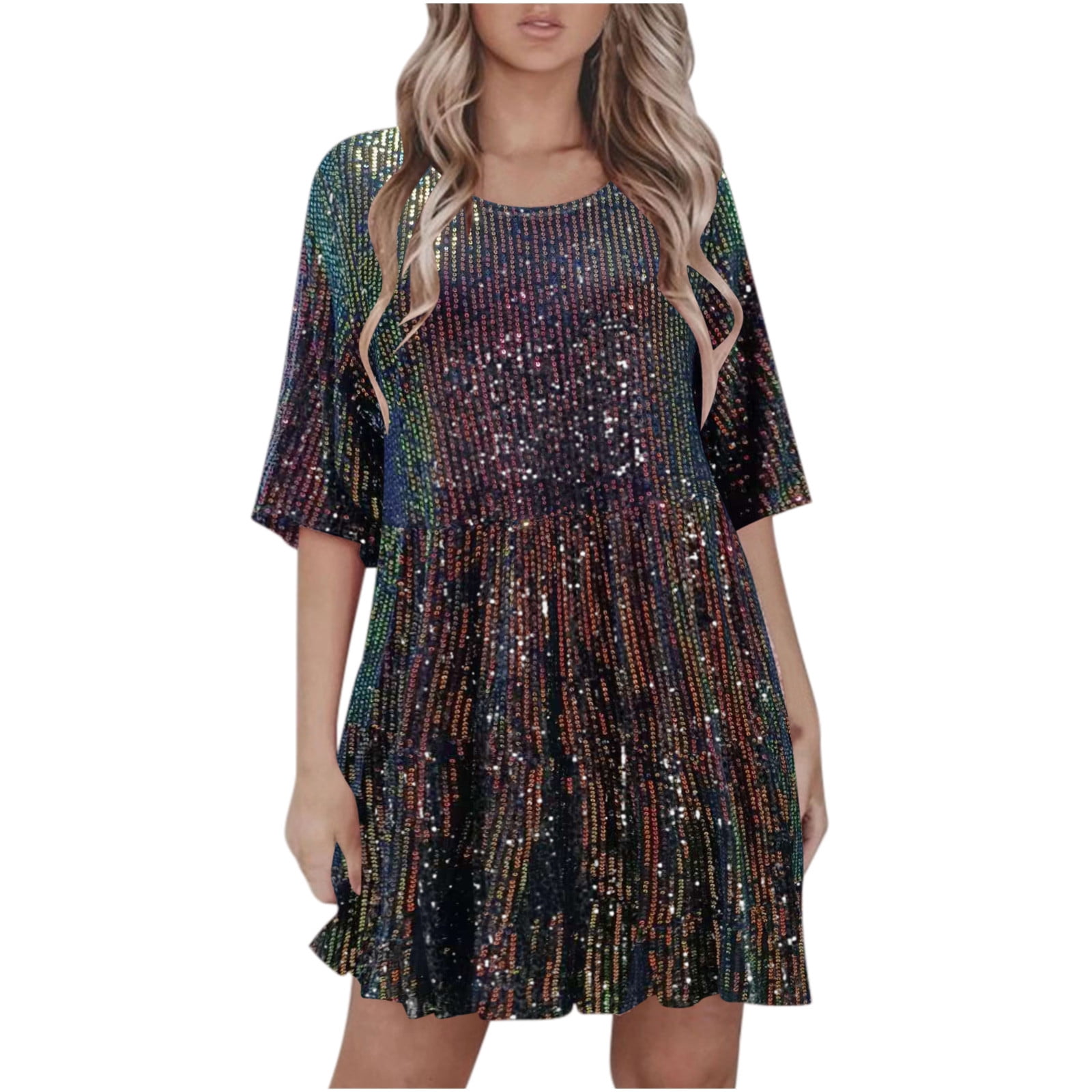 Women's Sequin Plus Size Mini Dress Elegant Sparkly Short Sleeve Scoop ...