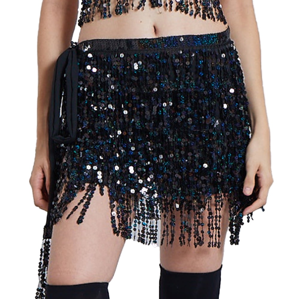 Womens Sequin Tassel Skirts Rave Fringe Hip Scarf For Festival Black