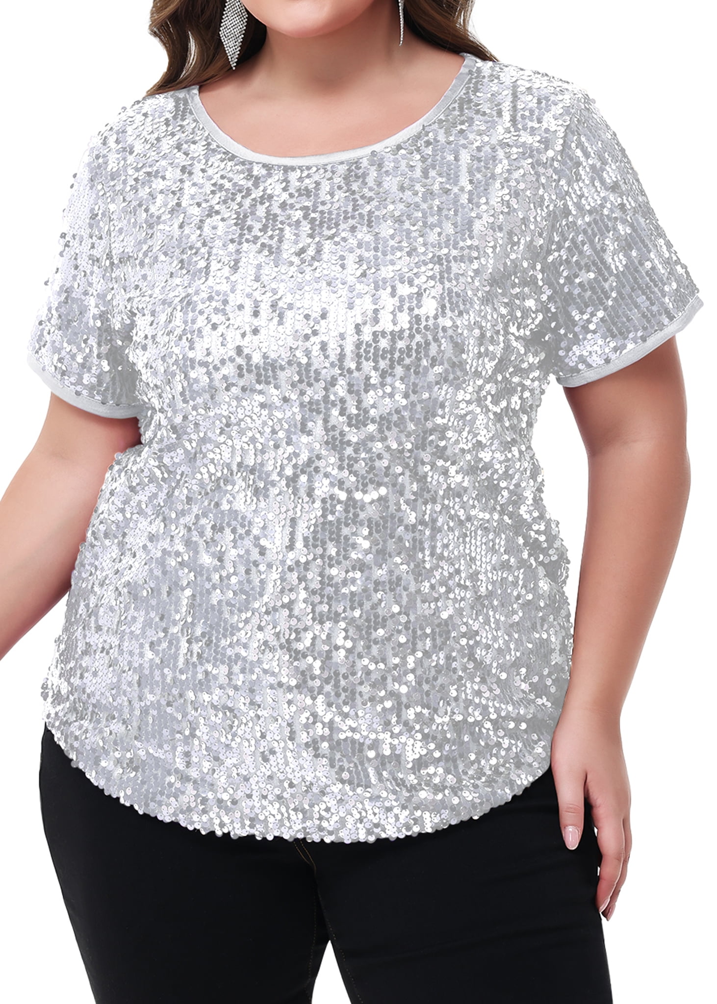 Women's Sequin Tops Plus Size Round Neck Sparkle Glitter Short Sleeve ...
