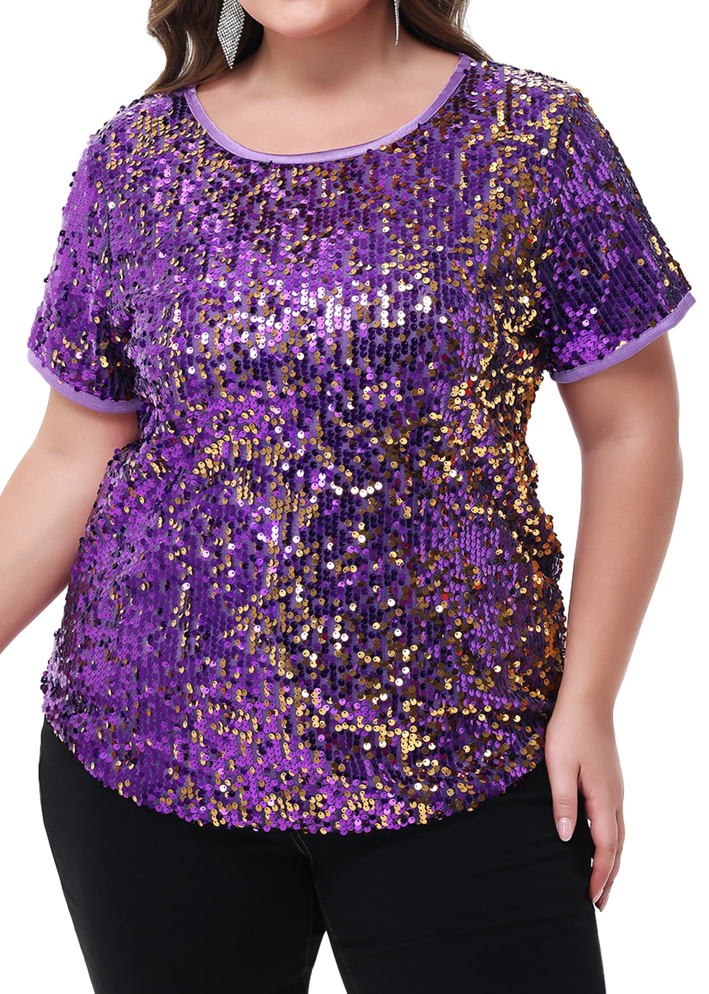 Women's Sequin Tops Plus Size Round Neck Sparkle Glitter Short Sleeve ...