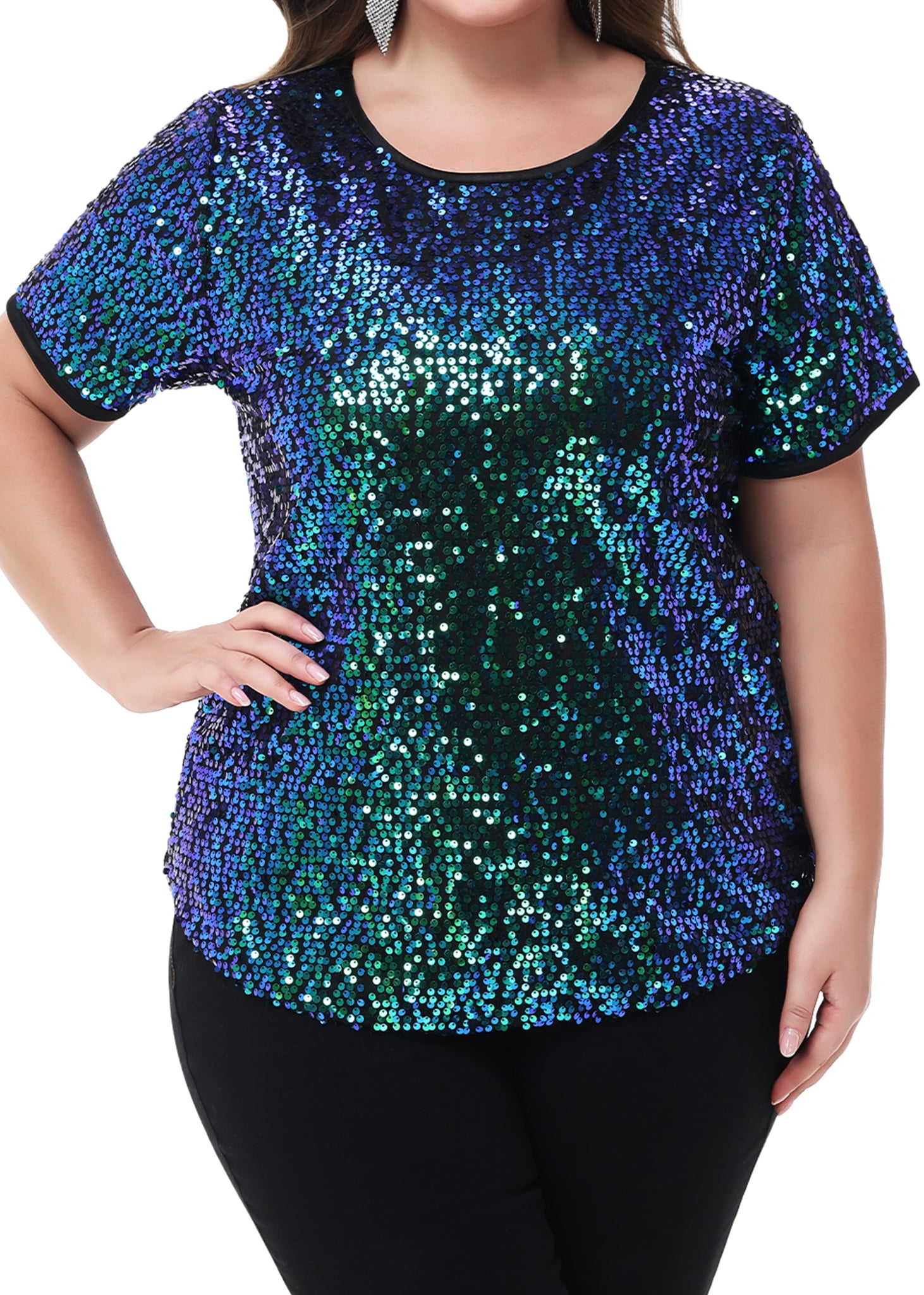 Women's Sequin Tops Plus Size Round Neck Sparkle Glitter Short Sleeve ...