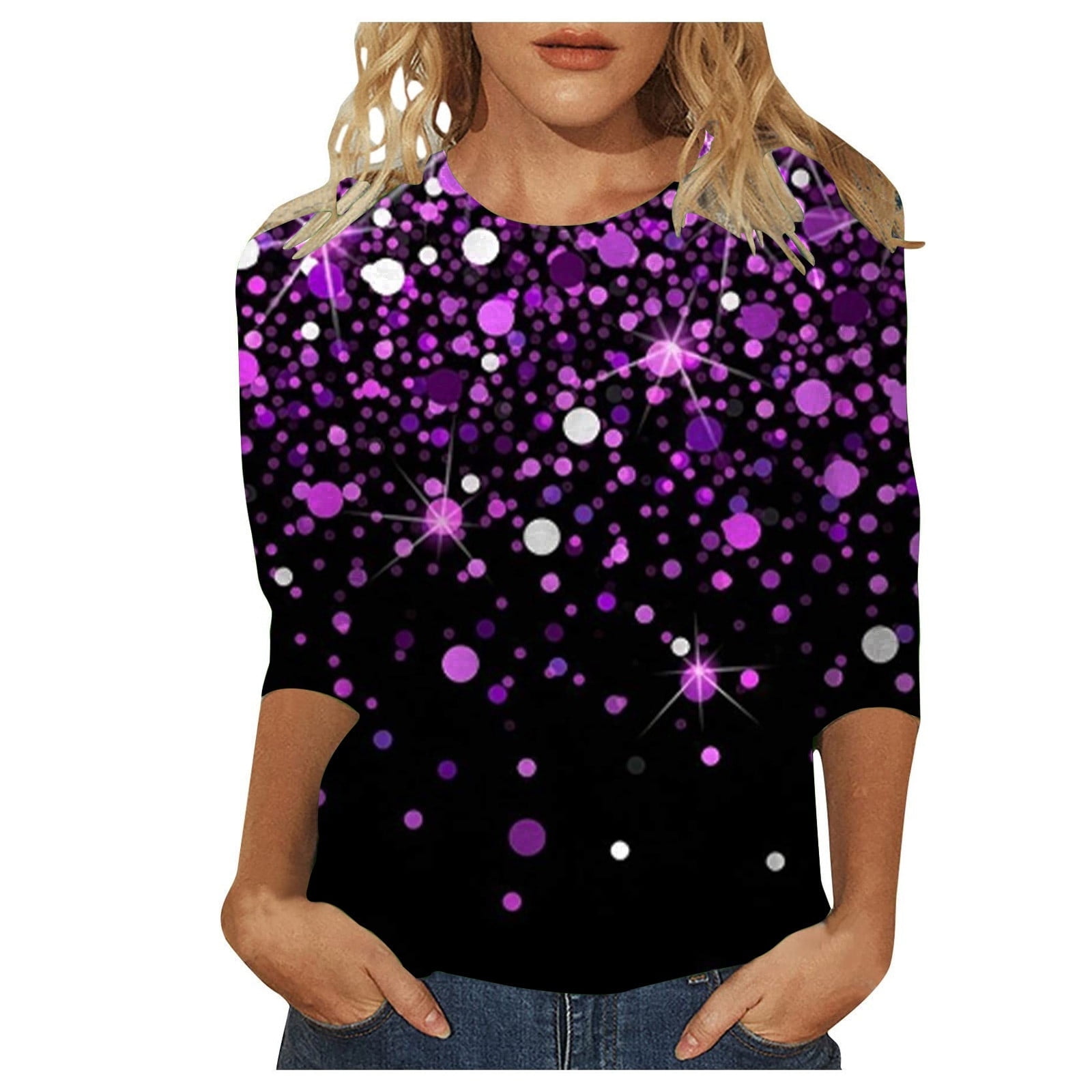 Women's Sequin Print Tunic Tops 3/4 Sleeve Round Neck Relax Fit Shirts ...