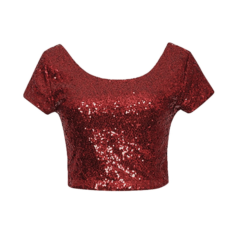 Women's Sequined O Neck Short Sleeve Backless Crop Top - Walmart.com
